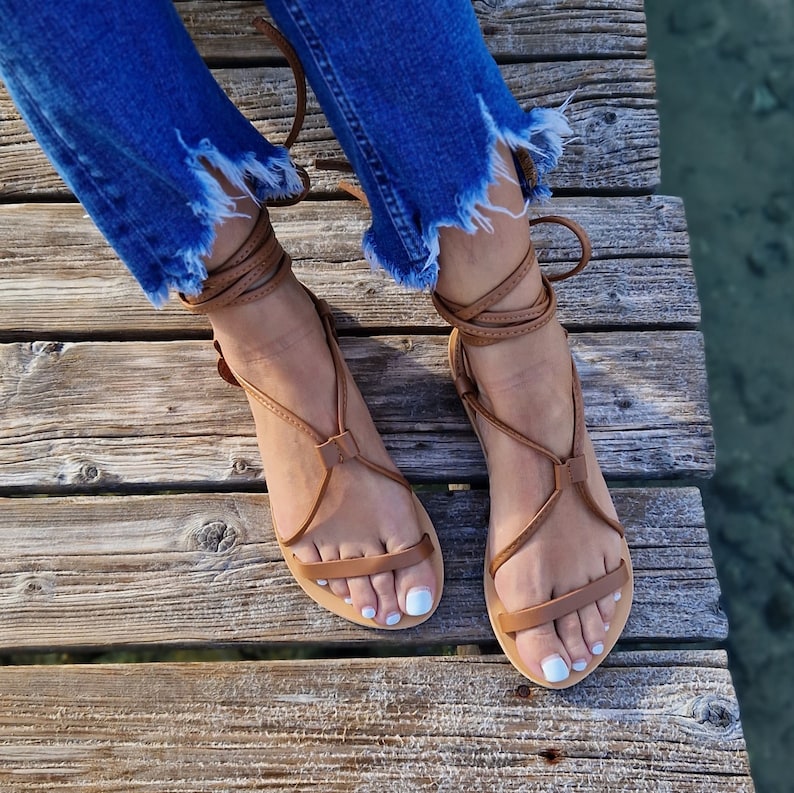 Black Tie up Sandals for Women, Wrap Around Greek Flats, Leather Shoes ...