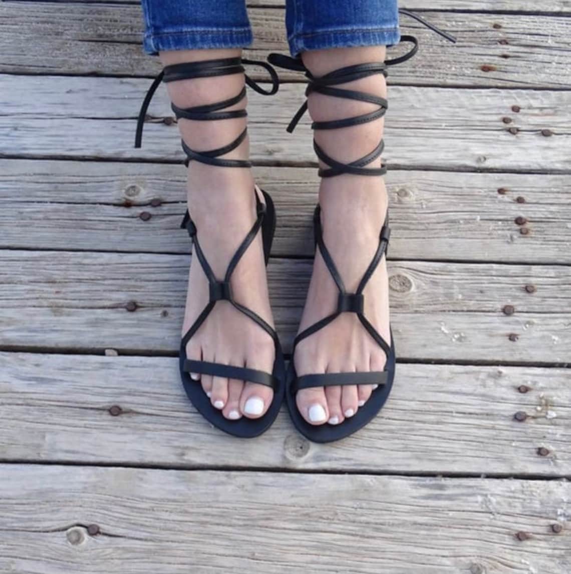 Black Tie up Sandals for Women, Wrap Around Greek Flats, Leather Shoes ...