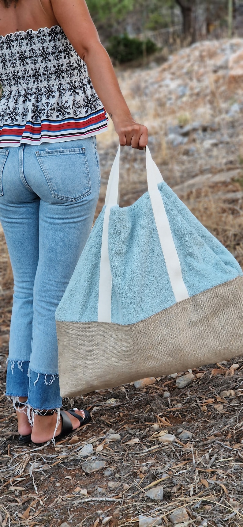 Handmade Terry Cloth Beach Bag, Mint Floral Reversible Tote - Etsy