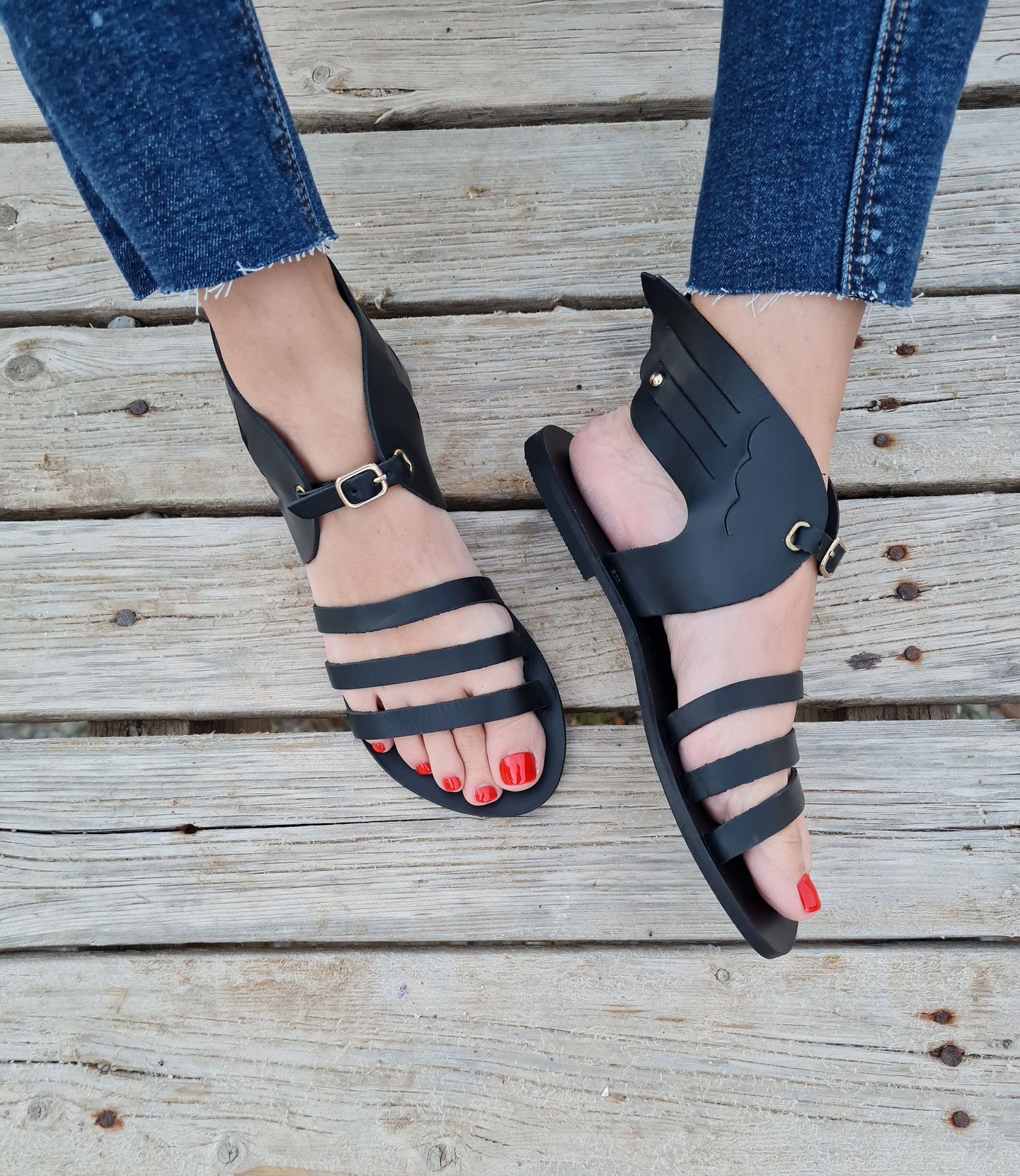Black Leather sandals with wings Women Greek Gladiator | Etsy