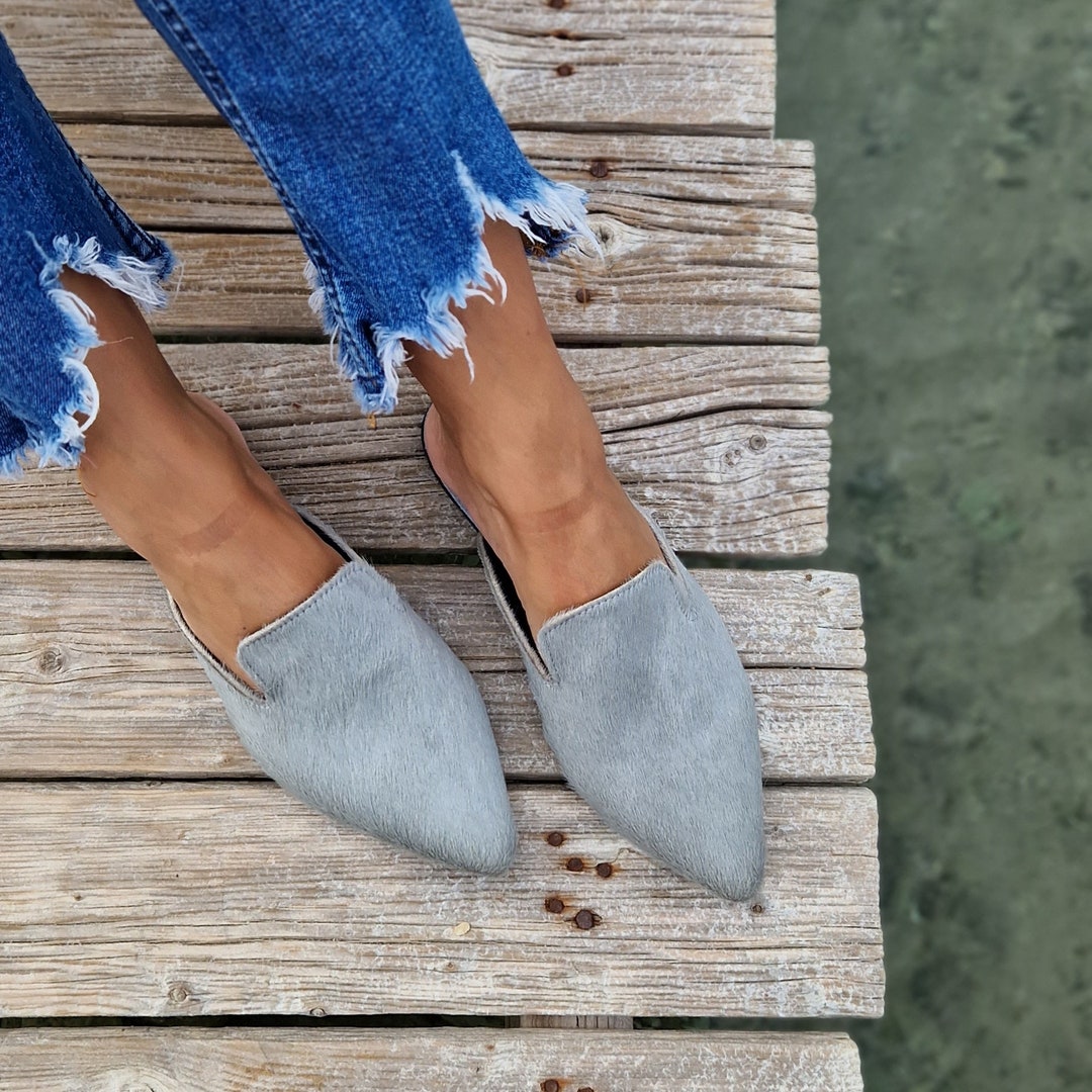 Grey Leather Mules for Women, Handmade Cow Hair Print Slippers, Greek ...