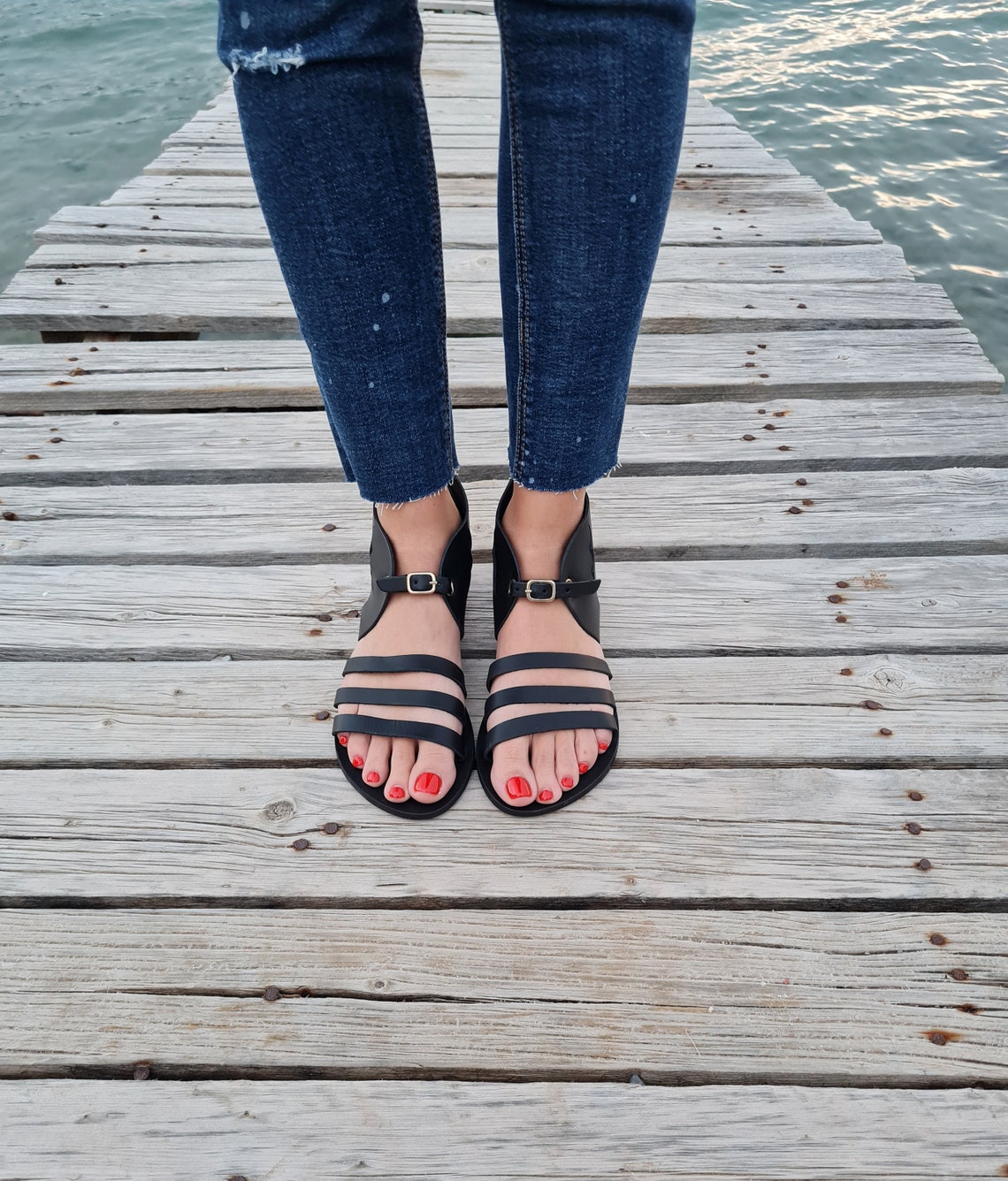 Black Leather sandals with wings Women Greek Gladiator | Etsy