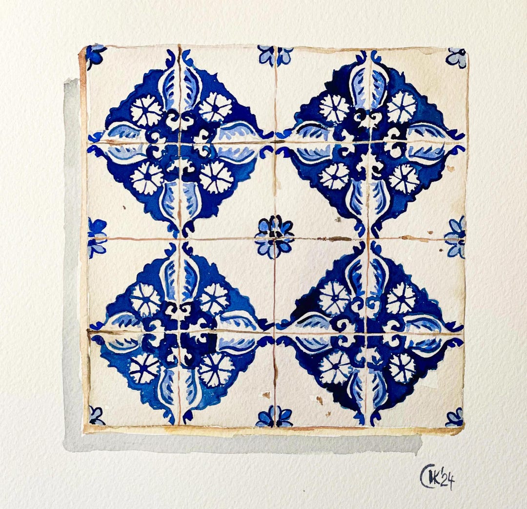 Intricate Blue Azulejo Tile 2 - Small Original Watercolor Painting of ...