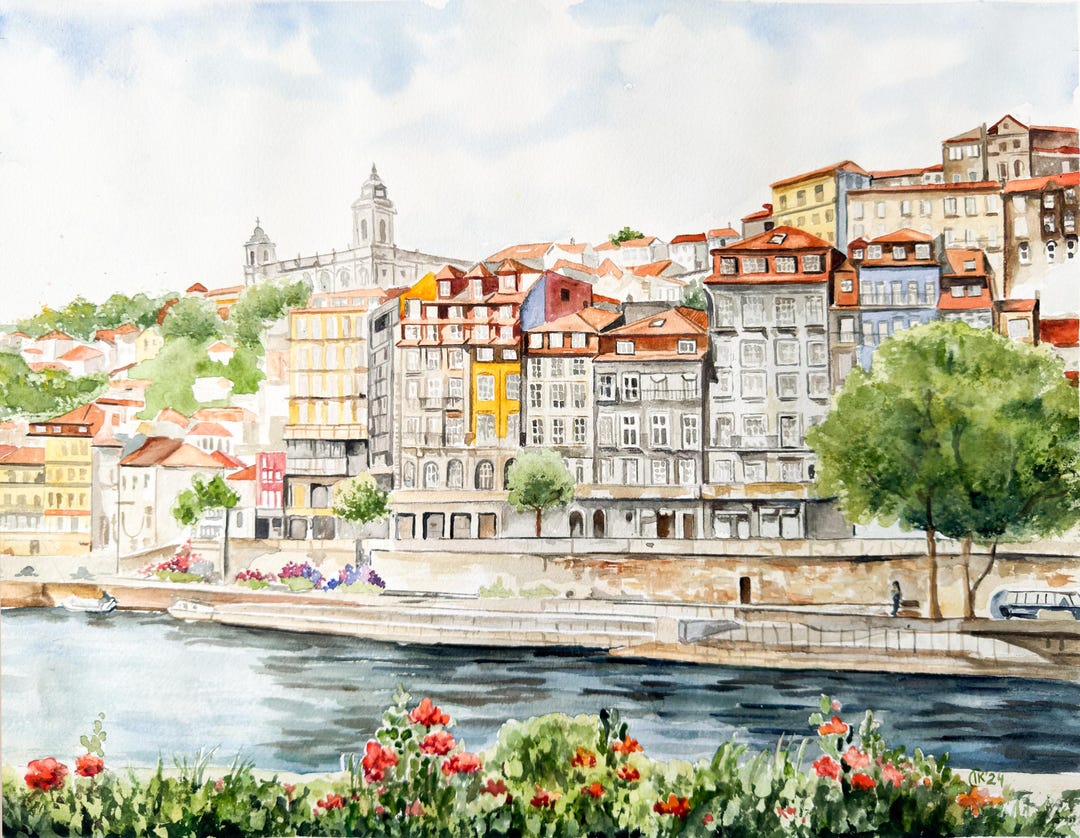 Porto Cityscape Original Watercolor Painting of Beautiful Colorful ...