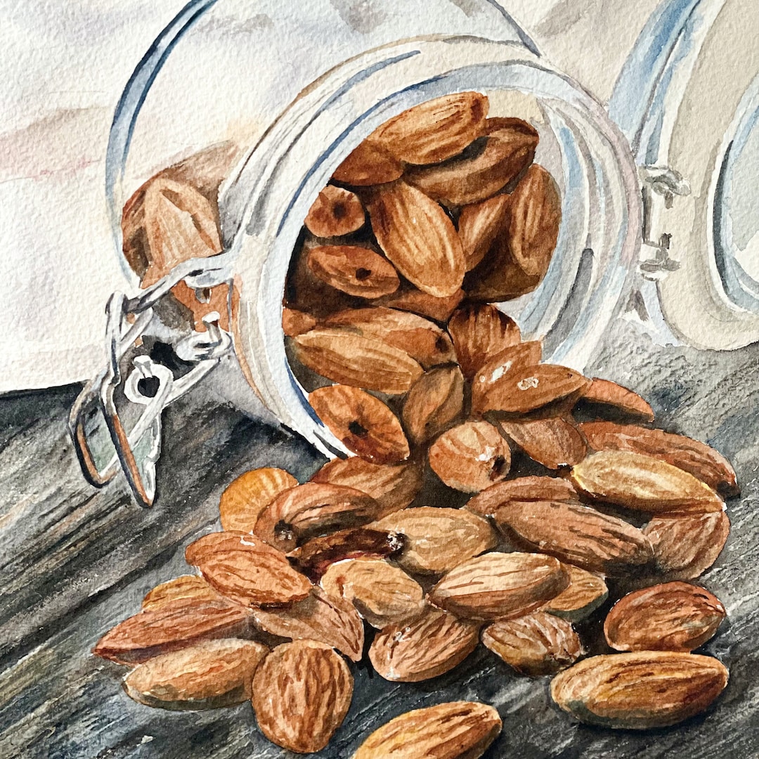 Almonds in the Jar- Original Watercolor Painting of Tasty Almonds, Art ...