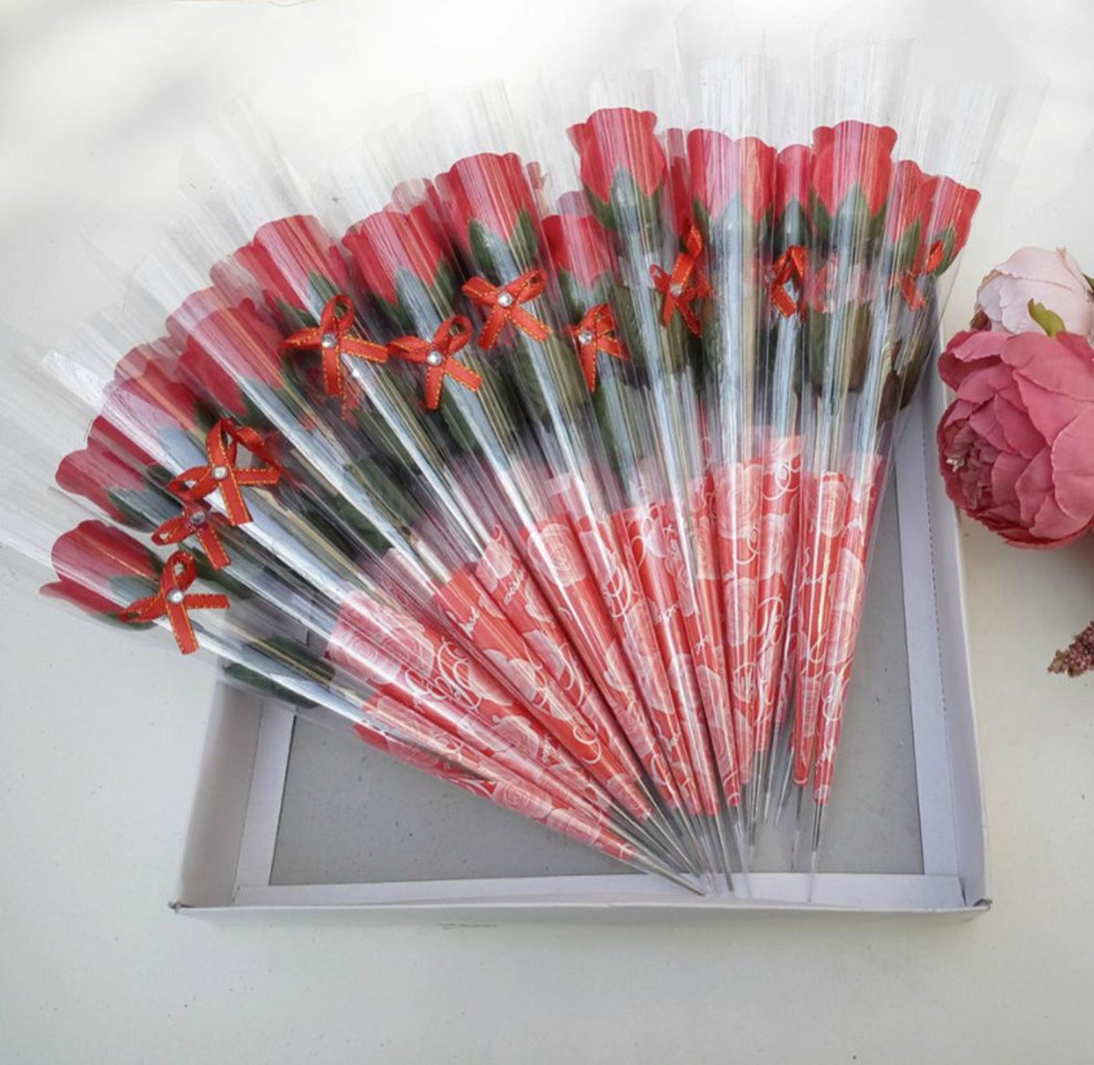 50 Pcs Single Stem Artificial Red Roses Each in Individually Wrapped ...