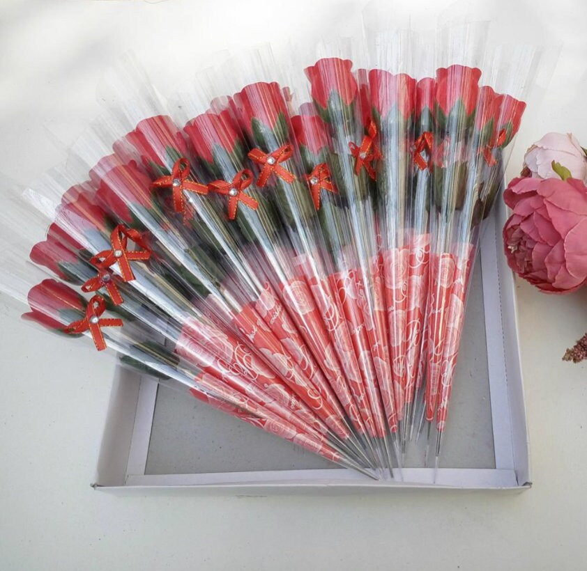 50 Pcs Single Stem Artificial Red Roses Each in Individually Wrapped ...