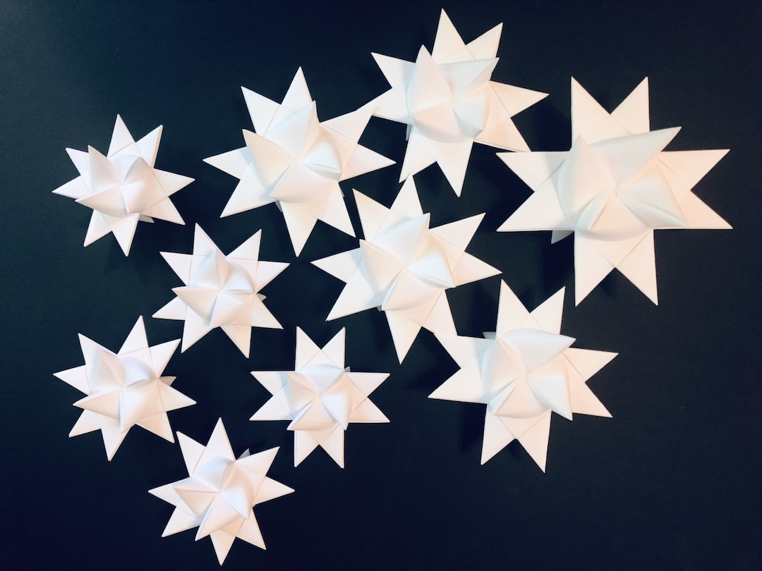 10 (1 Xl, 4 Lg, 5 M) Pure White Stars German Paper Stars Moravian Stars ...