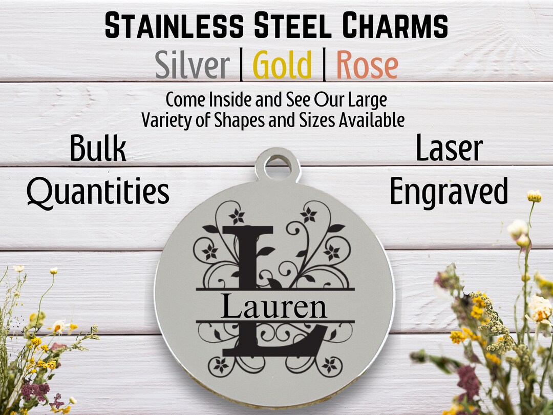 Custom Fancy Initial & Name Stainless Steel Laser Engraved Charm, Add ...
