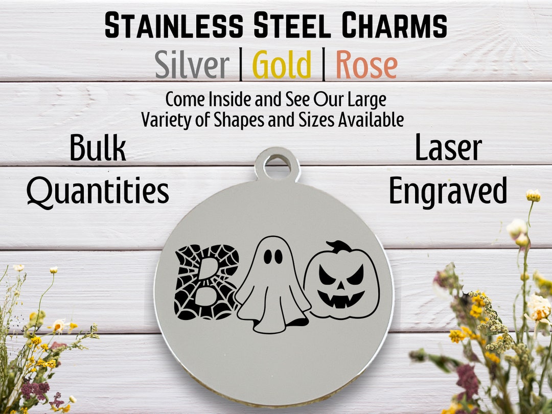 BOO Characters, Laser Engraved Charm, Stainless Steel, Silver Tone ...
