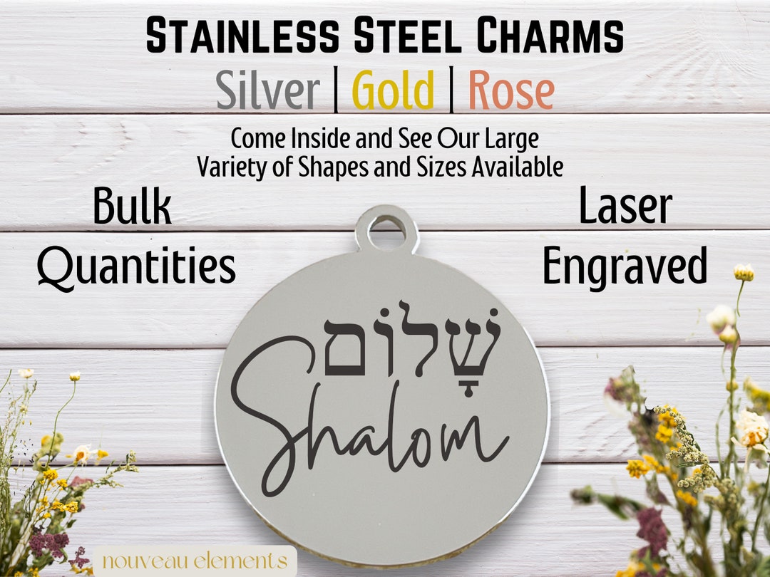 Shalom, Laser Engraved Charm, Silver Tone, Rose Tone, Gold Tone, Peace ...