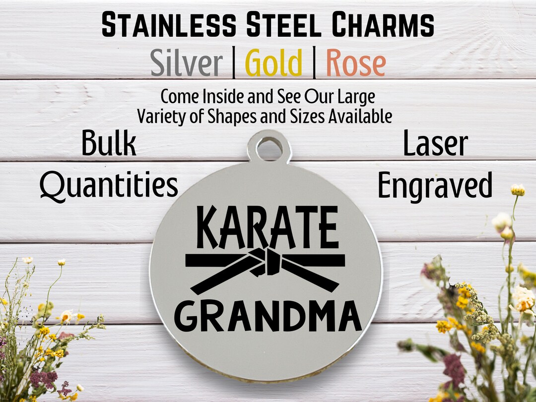 Karate Grandma,laser Engraved Charm, Silver Tone, Gold Tone, Rose Tone ...