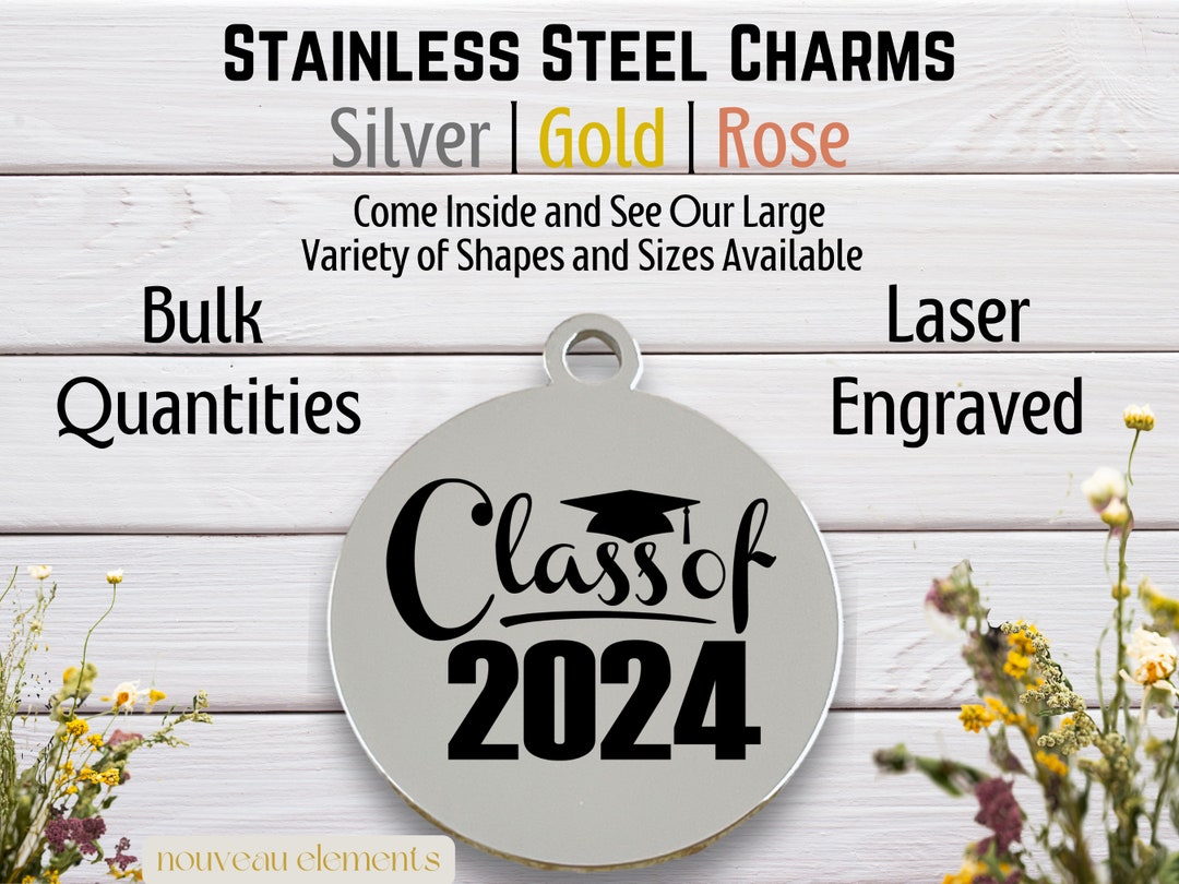 Class of 2024 W/grad Cap, Laser Engraved Charm, Stainless Steel, Silver ...