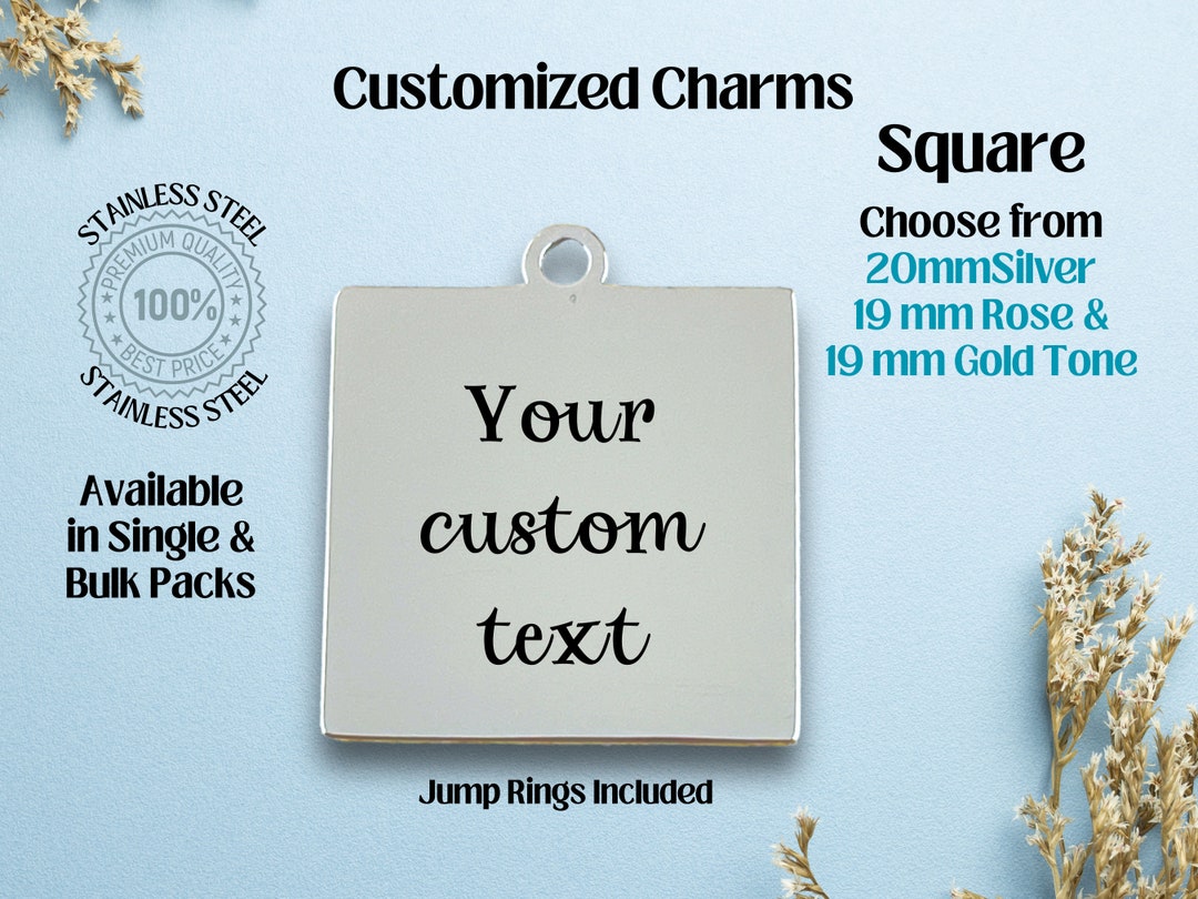 Customized Square W/ Tab Hole Stainless Steel Laser Engraved Charm, TAB ...