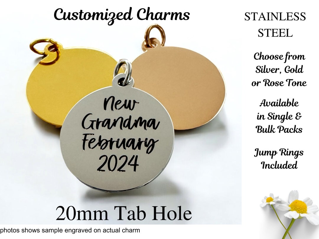 Customized 20mm Round W/ Tab Hole Stainless Steel Laser Engraved Charm ...