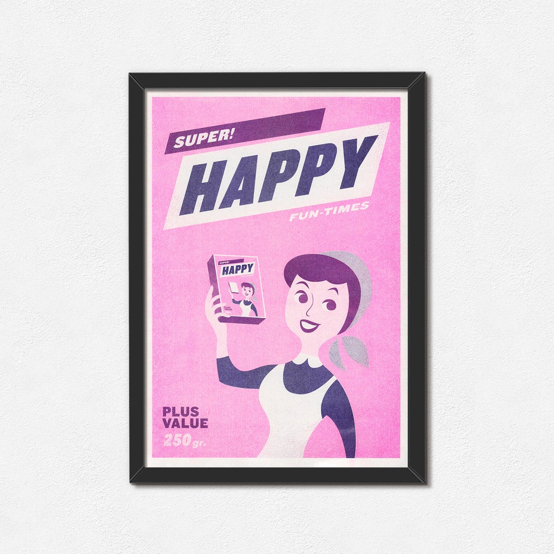 Super Happy Fun Times - A4 Pink Art Print - Fake 1950's Vintage ...
