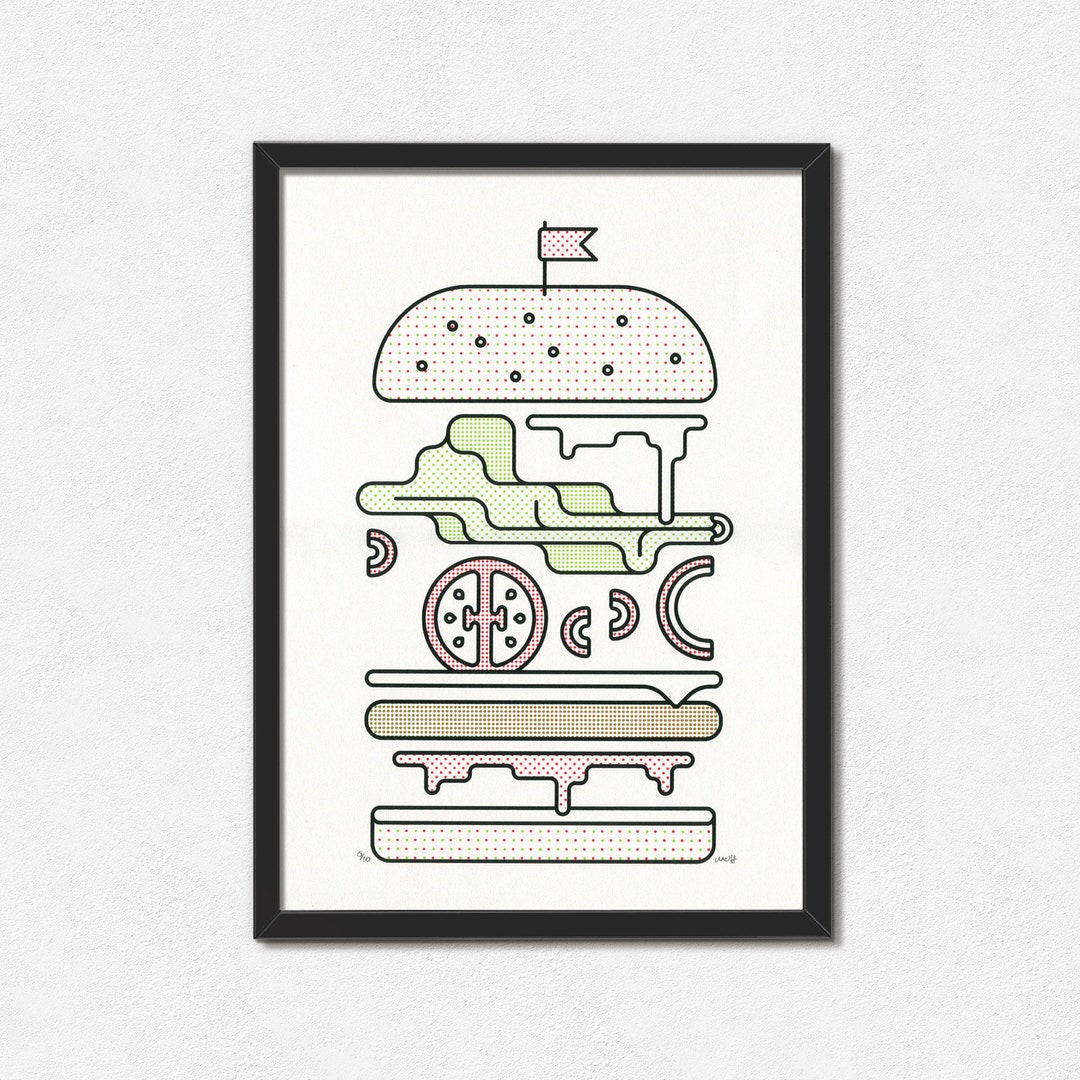 Handmade Burger Art Print - Bright A3 Screenprint - for Food or Gourmet ...