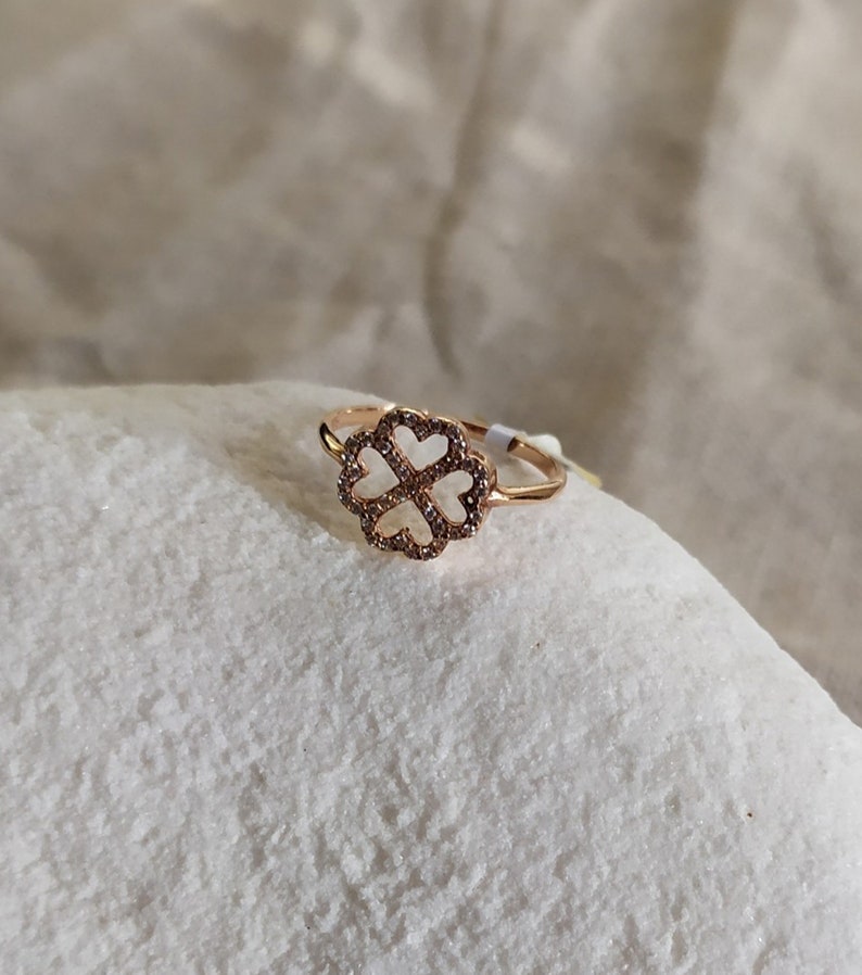 14K Rose Gold 585 Four Leaf Clover Ring With Cubic Zirconia - Etsy