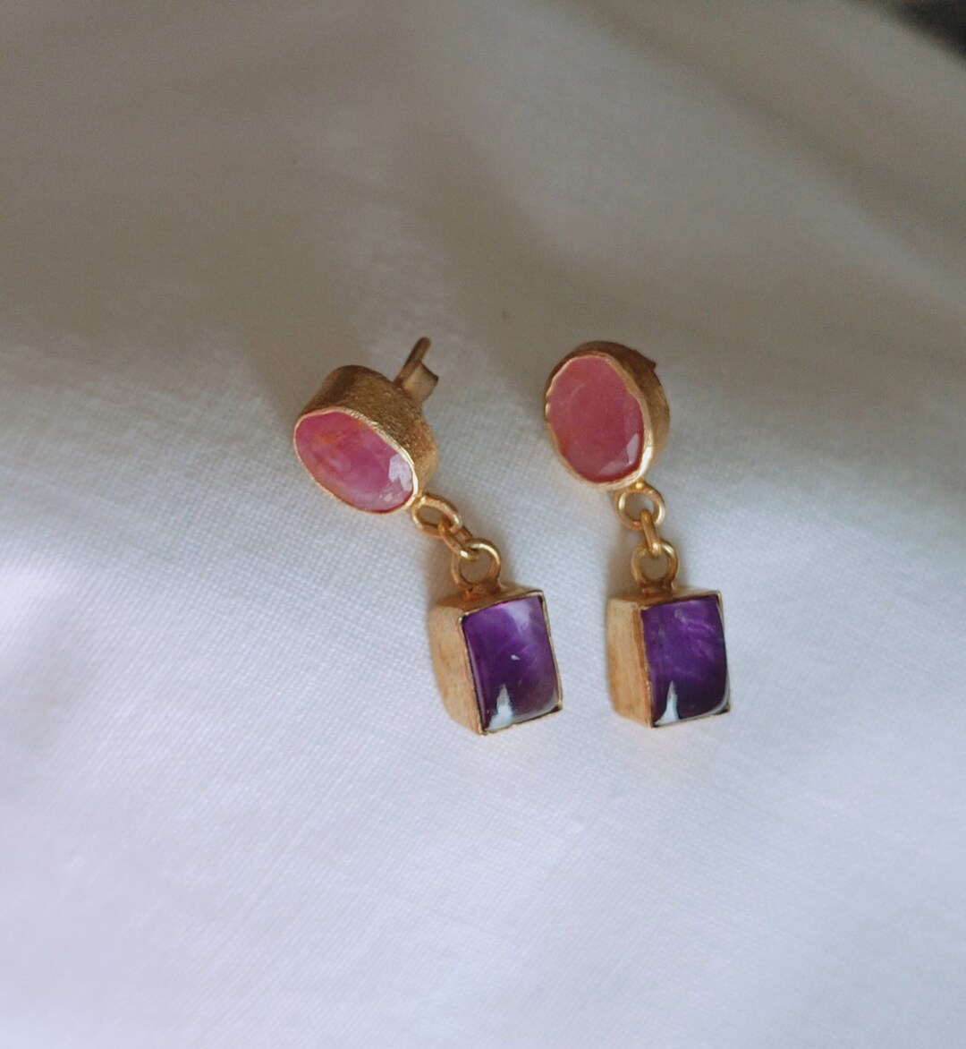 Ruby and Amethyst Drop Earrings 18K Gold Plated Sterling Silver ...