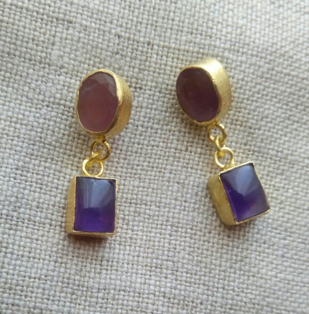 Ruby and Amethyst Drop Earrings 18K Gold Plated Sterling Silver ...