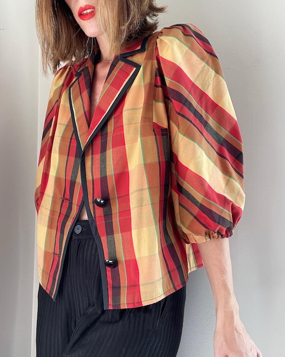 Vintage 60s Vera Borea Plaid Puffed Shoulders Blouse … - Gem