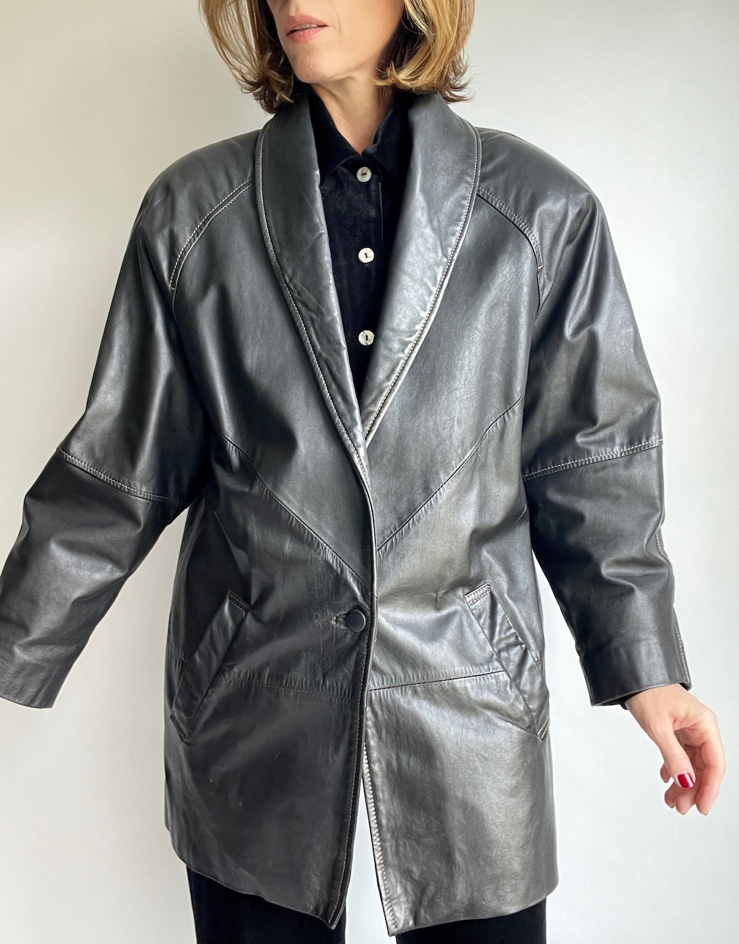 Y2K Black Leather Jacket Contrasting Stitching Size M Made in Argentina ...