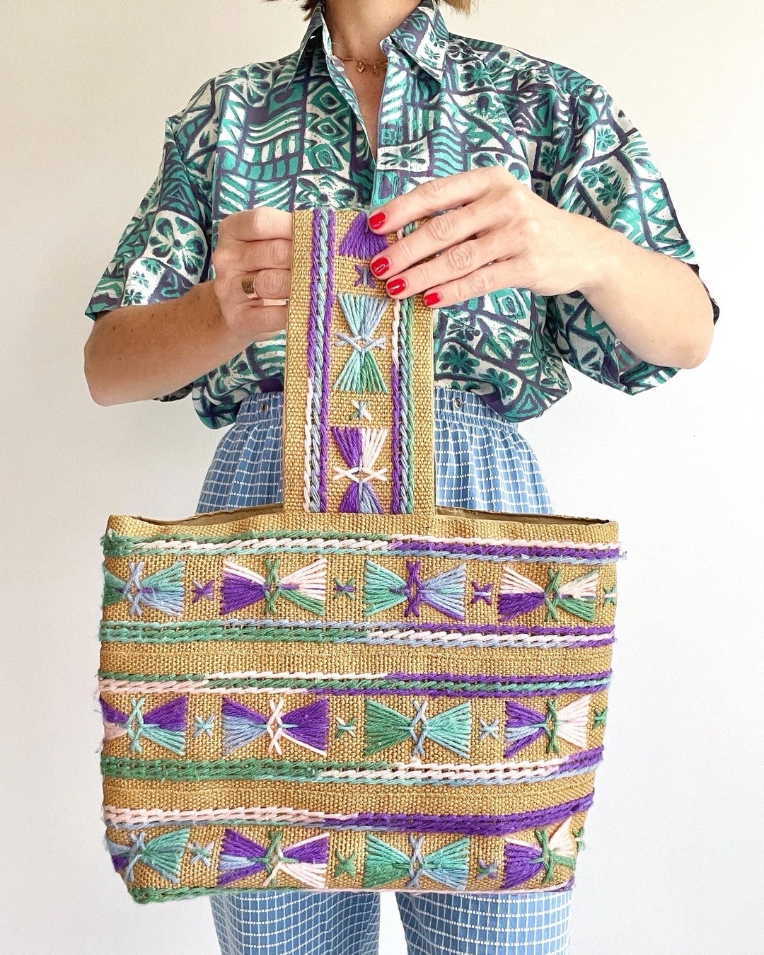 Multicolor Raffia Floral Embroidered One Handle Tote - Etsy