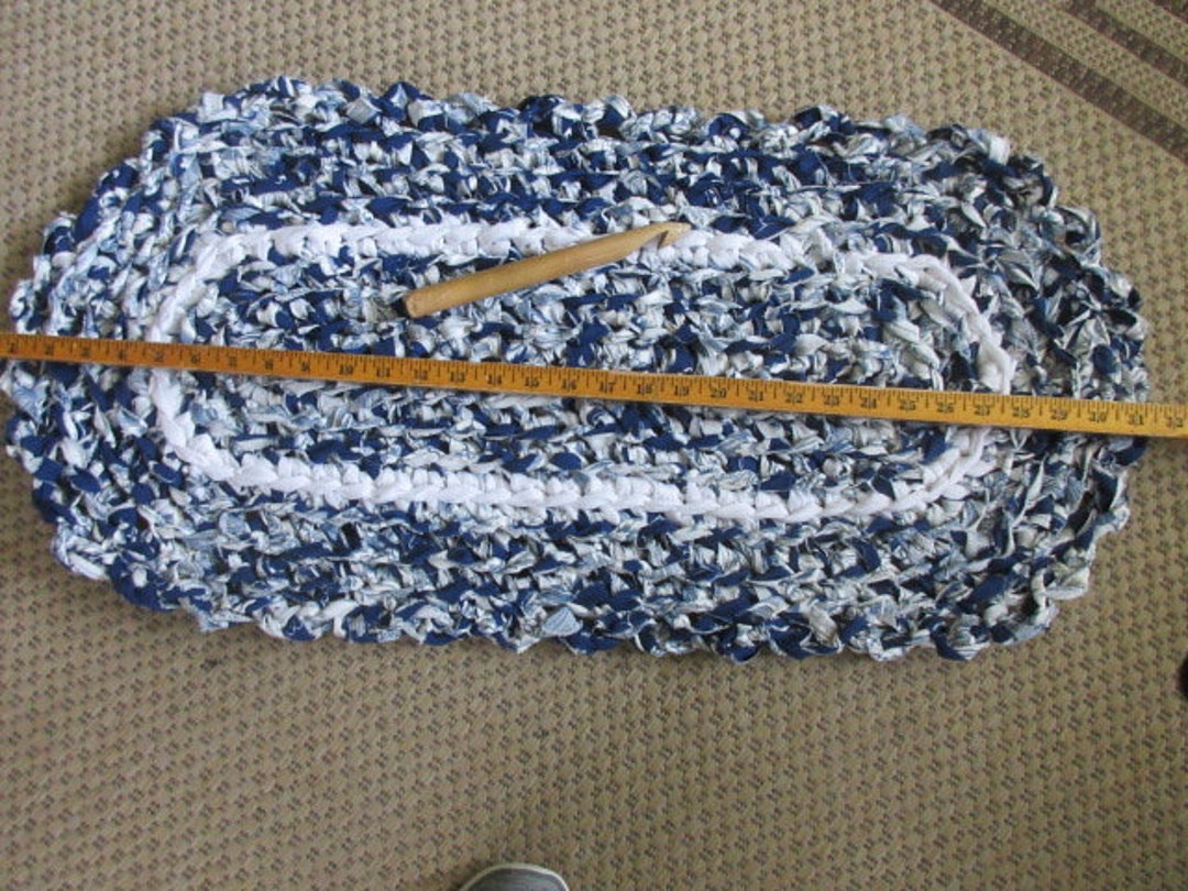 Crocheted Navy Blue and White Rag Rug. Measures 16 by 32 Inches. JW19 ...