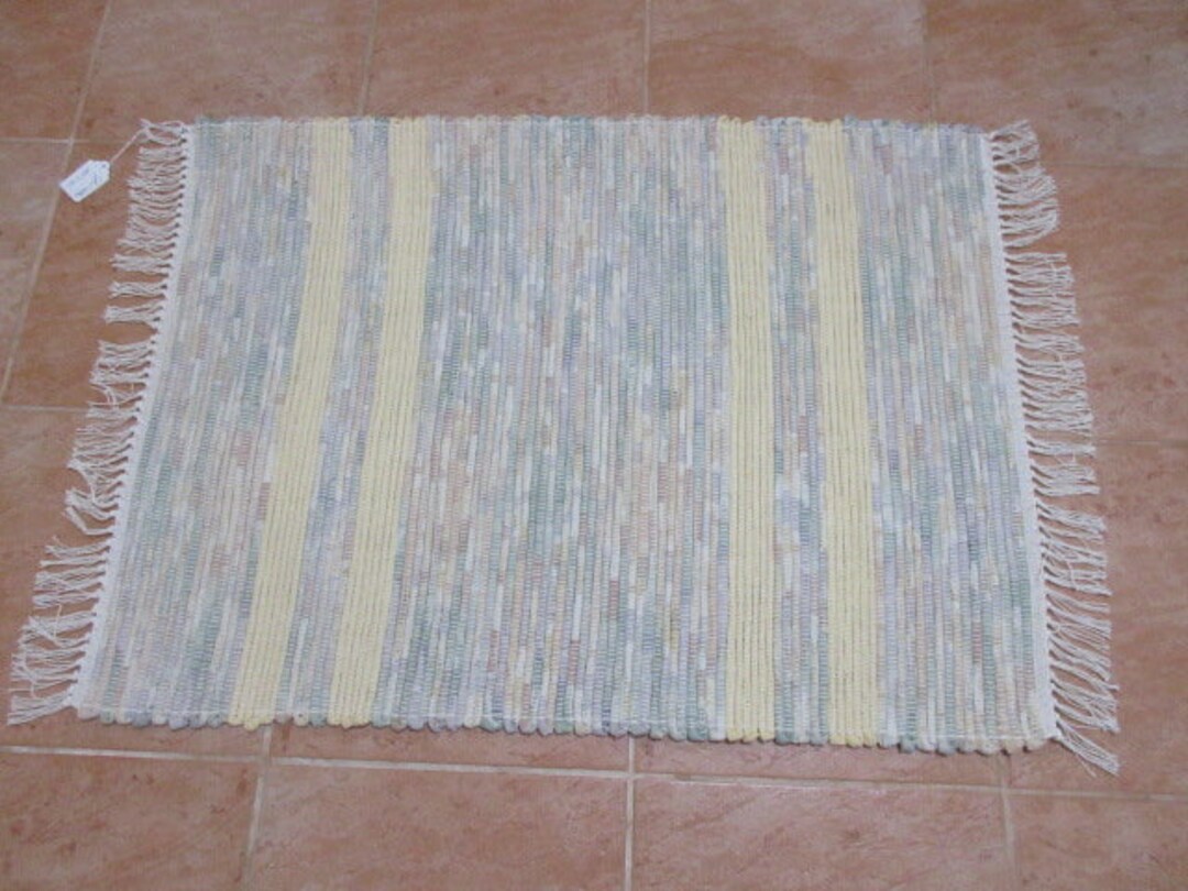 Woven Rag Rug, Multi Pastels, With Yellow Stripes. Measures 25 by 40 ...