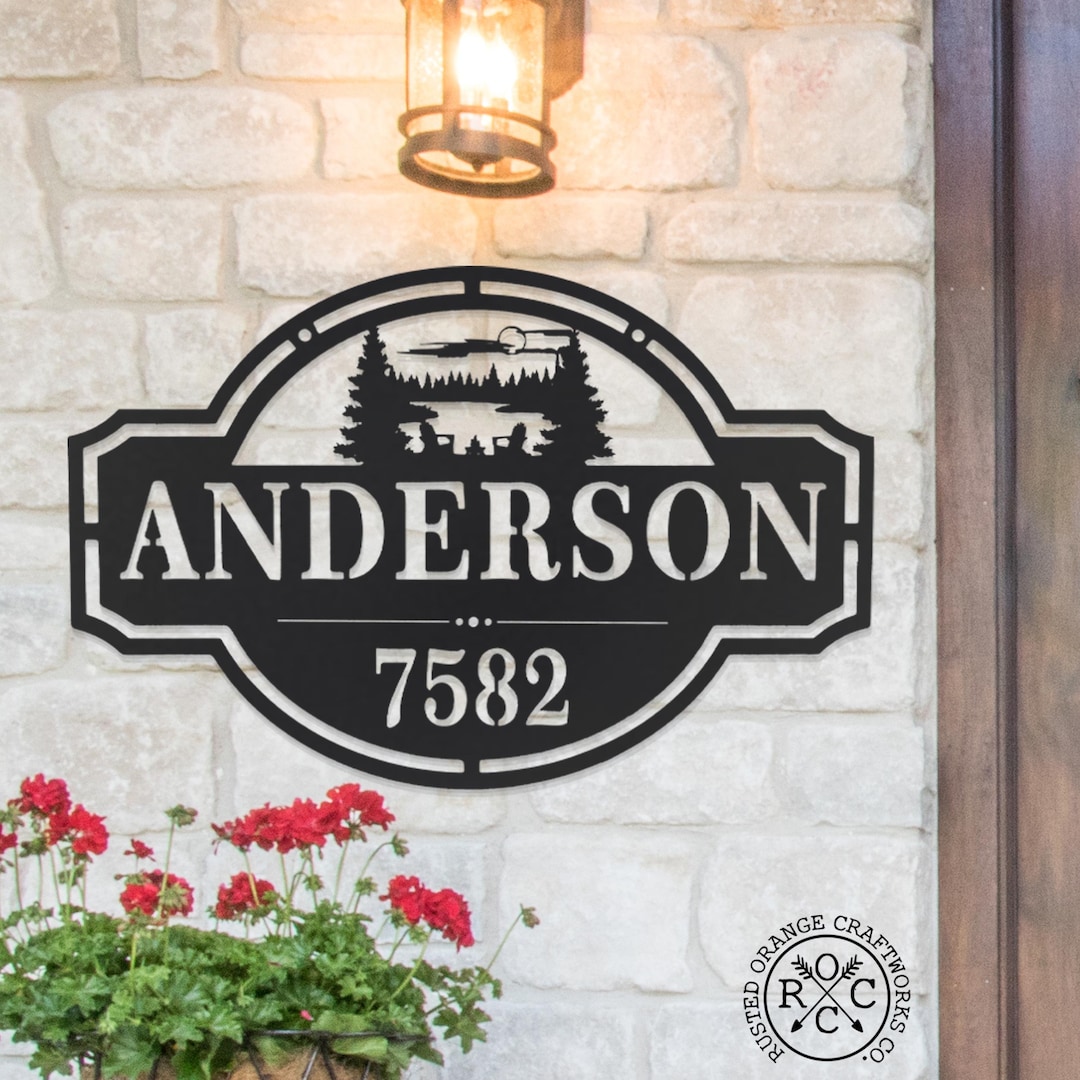 Personalized Lakefront Address Plaque: Rustic Metal House Number Sign ...