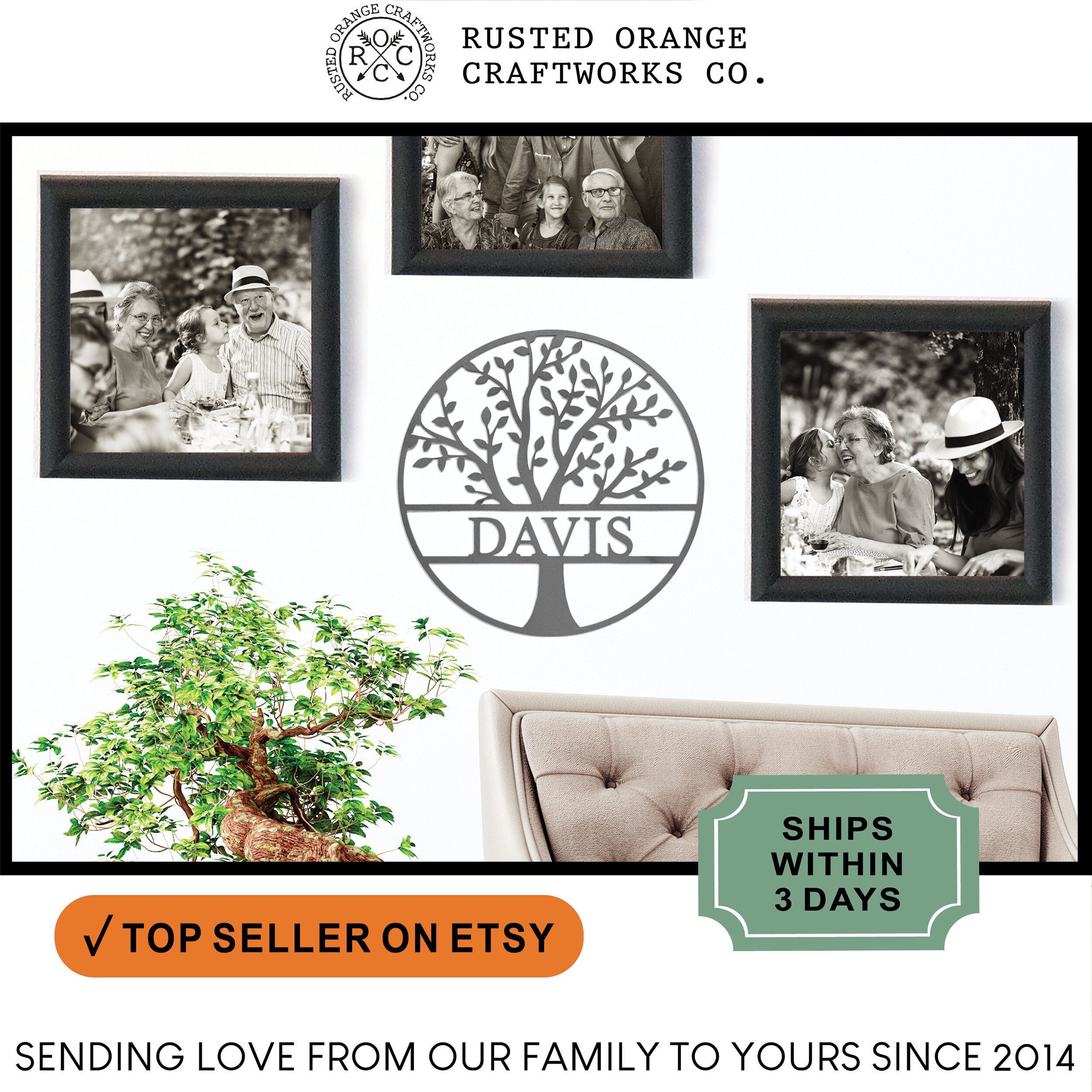 RUSTED ORANGE Family Tree Monogram 3 Sizes Custom Metal - Etsy