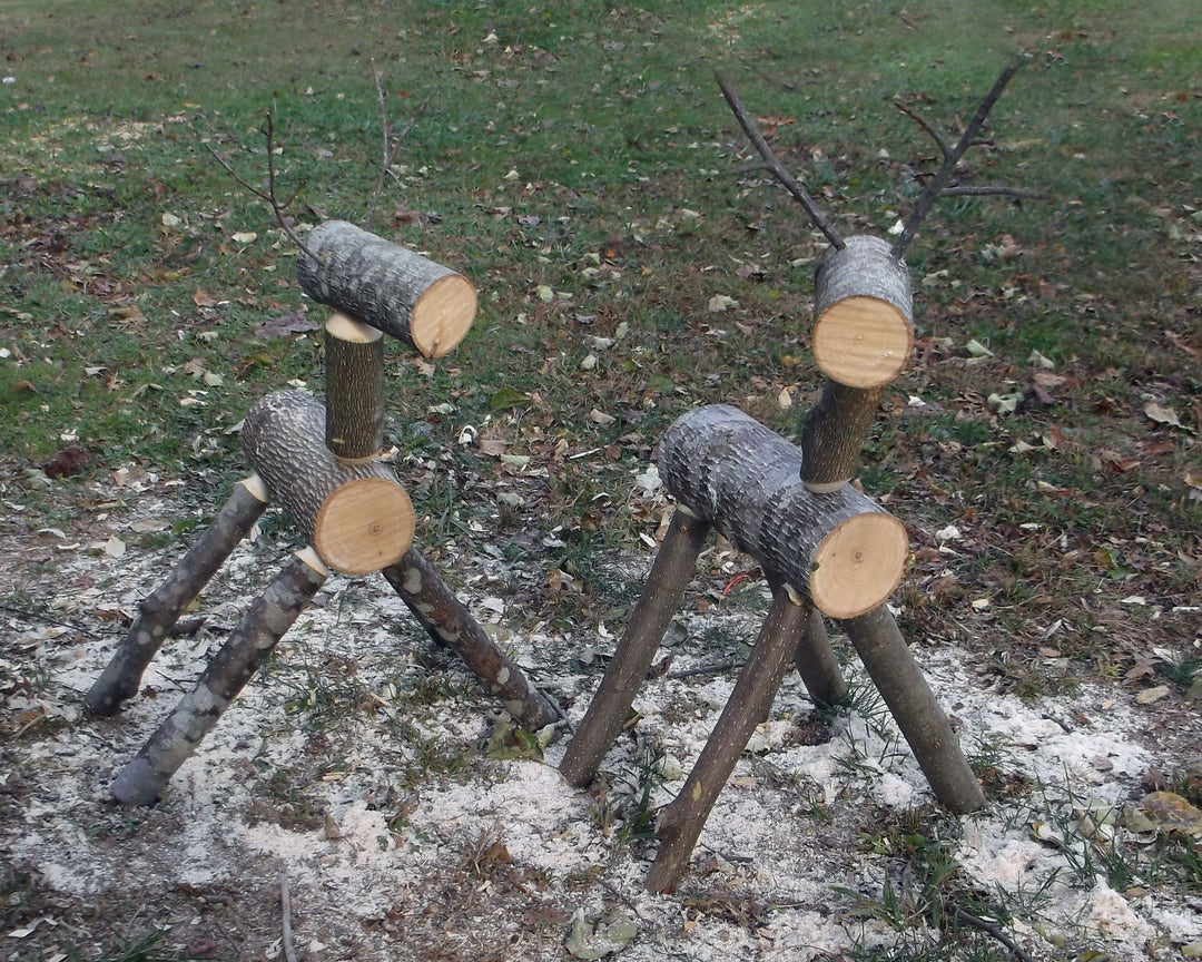 2 Rustic Log Reindeer, Wooden Reindeer, Nordic Wood Reindeer, Outdoor ...