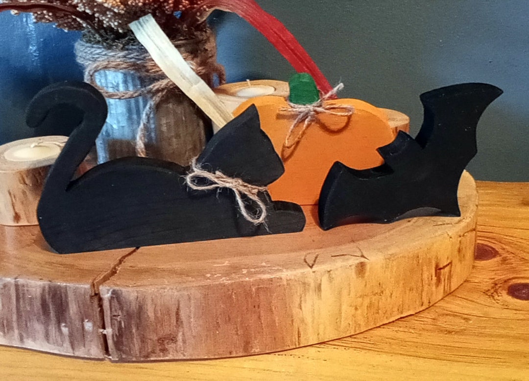 Halloween Decor Set, Wooden Pumpkin, Fall Decor, Black Cat, Autumn ...