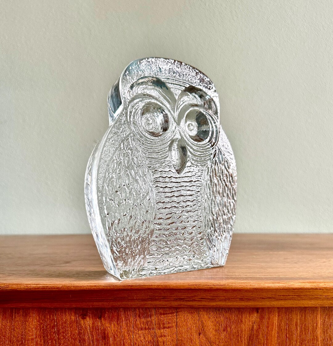 Vintage Blenko 7" Owl Bookend / 1960s Joel Meyers Design in Heavy Clear ...