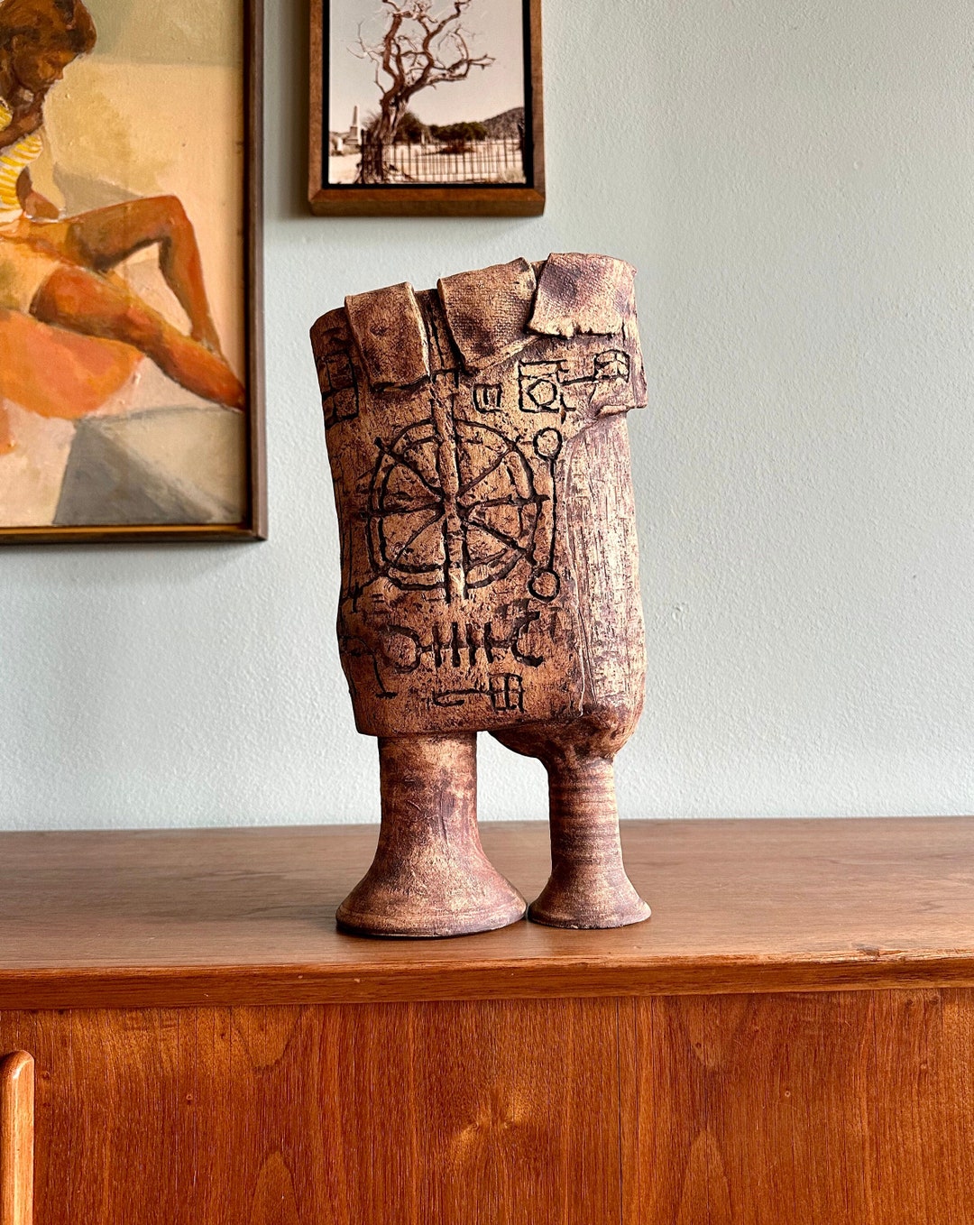 Brutalist Pottery Sculpture Covered With Symbols / Fantastical Ceramic ...