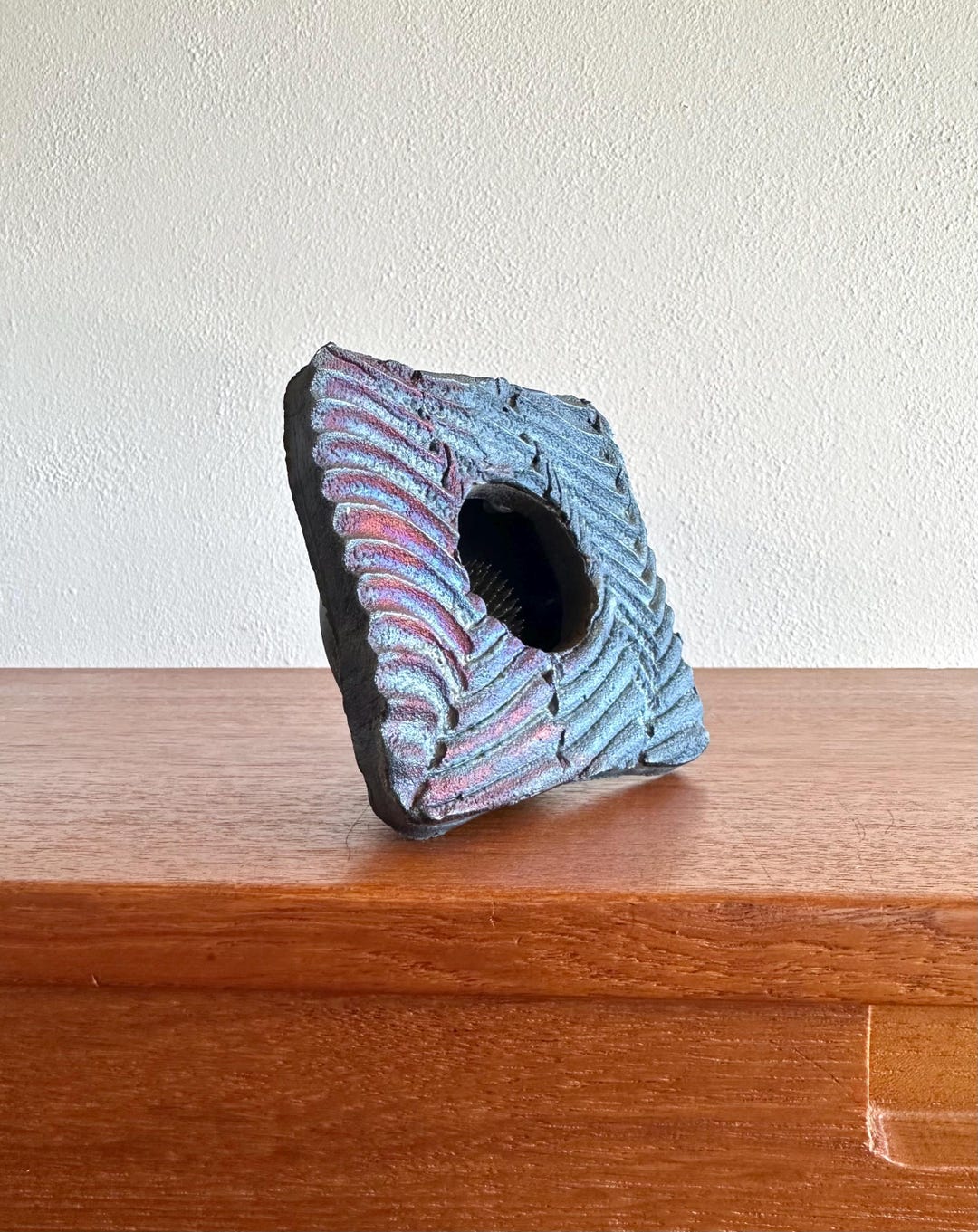 Vintage Black Raku Flower Frog Vase / Signed Modern Textural Pottery ...