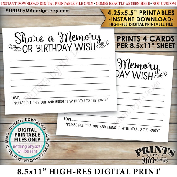 Printable Card With Write a Memory for a Birthday - Etsy