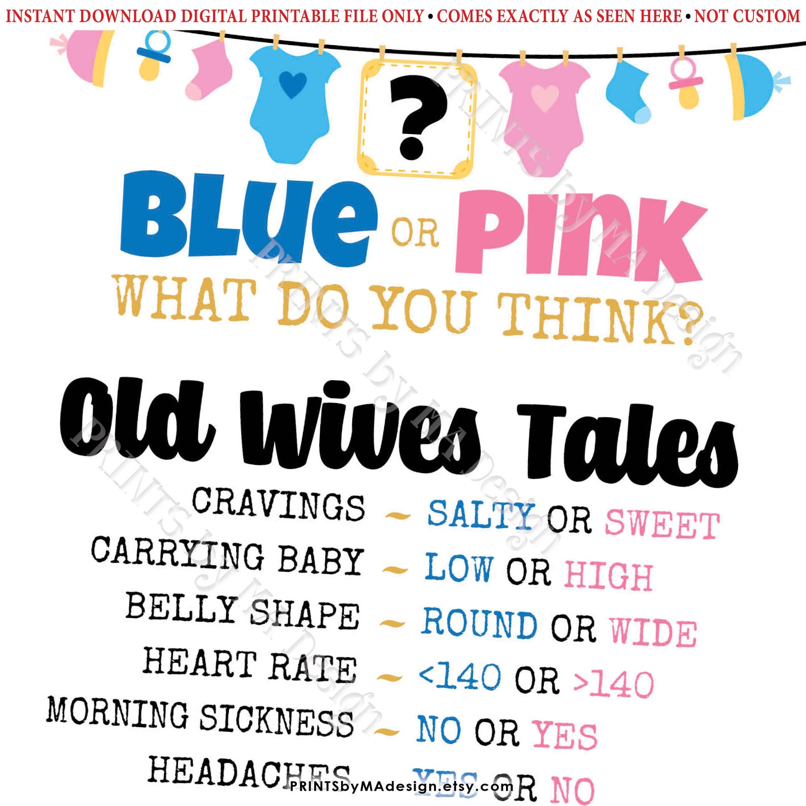Old Wives Tales Gender Reveal Party Game Blue or Pink What Do - Etsy