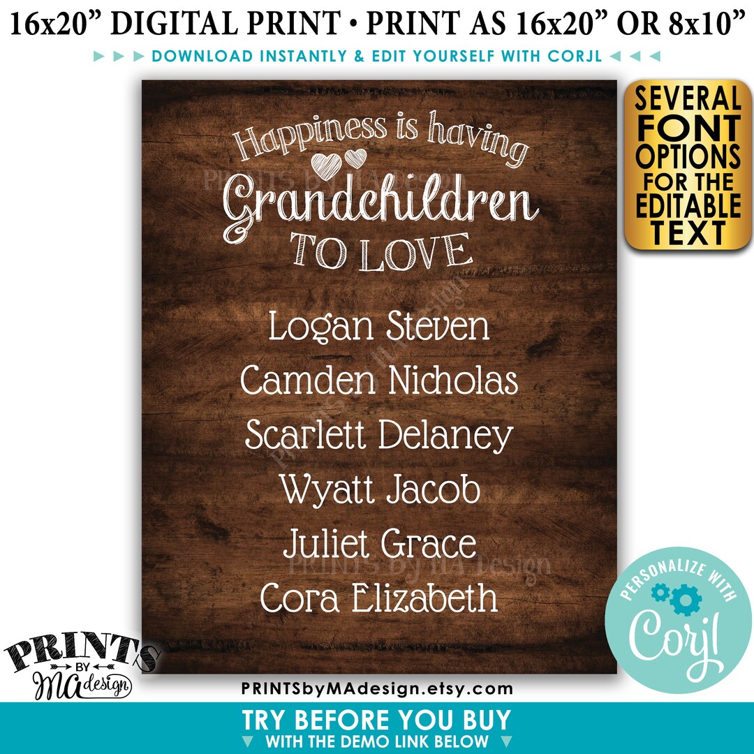 Grandchildren Sign With Names of Grandkids, Grandparents Gift ...