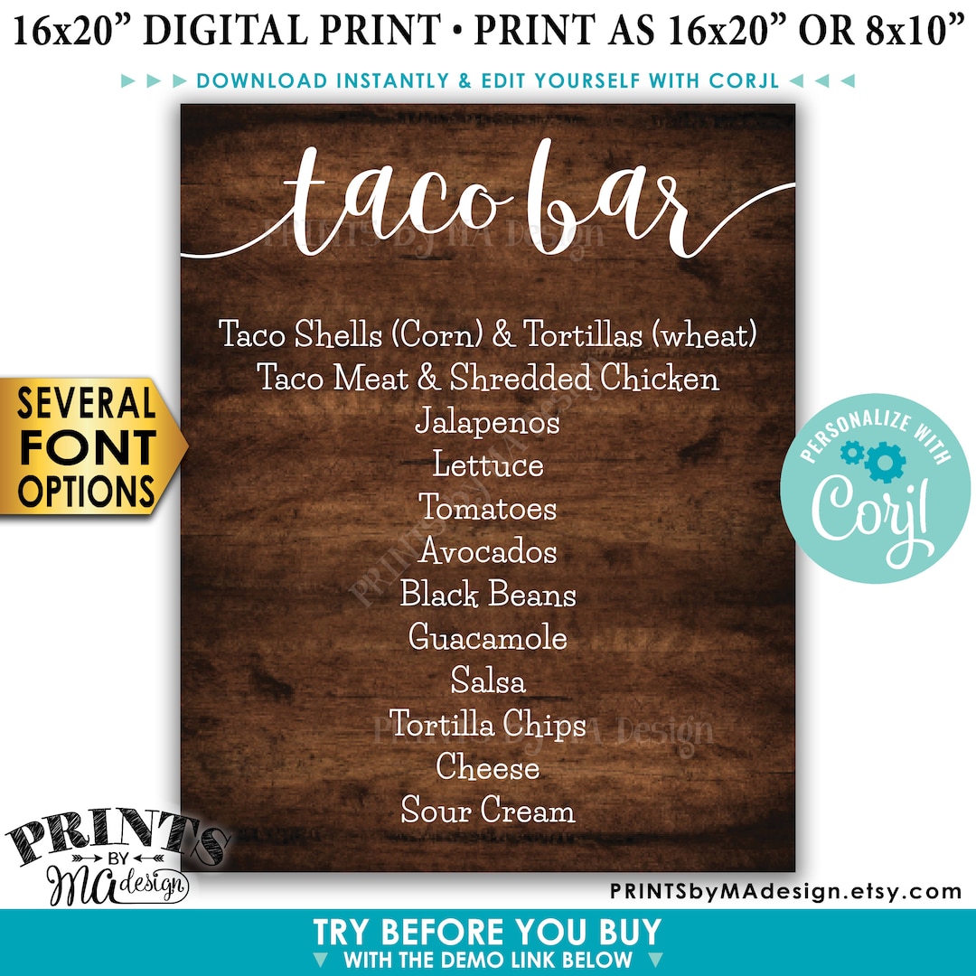Taco Bar Menu Sign, Fiesta Party Menu, Custom PRINTABLE 8x10/16x20 ...