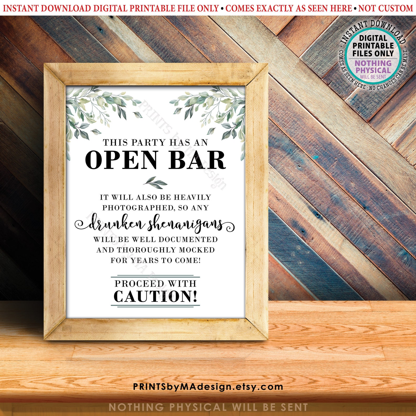 Open Bar Sign Caution Drunken Shenanigans at Party - Etsy