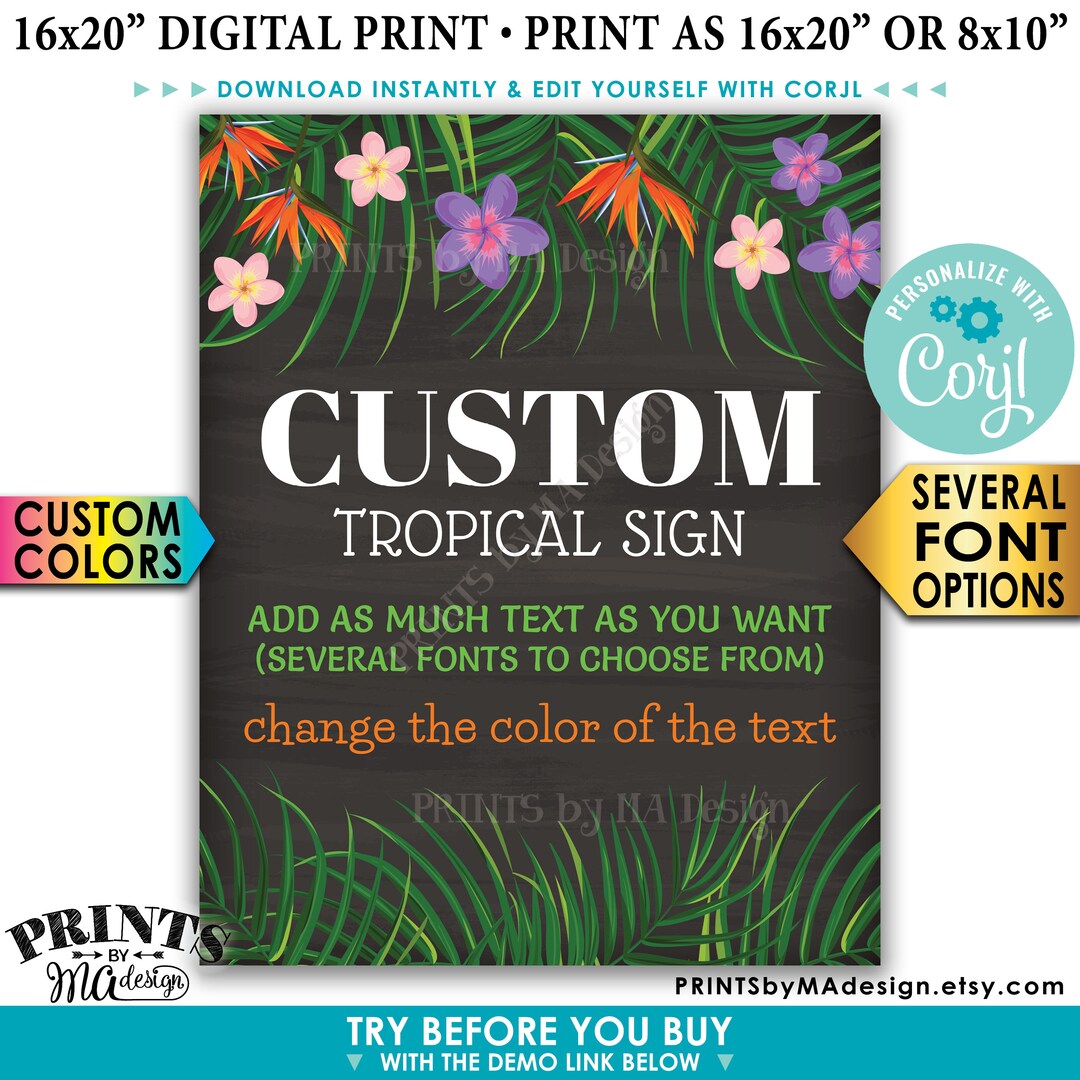 Custom Chalkboard Style Tropical Sign, Choose Your Text & Colors, One ...
