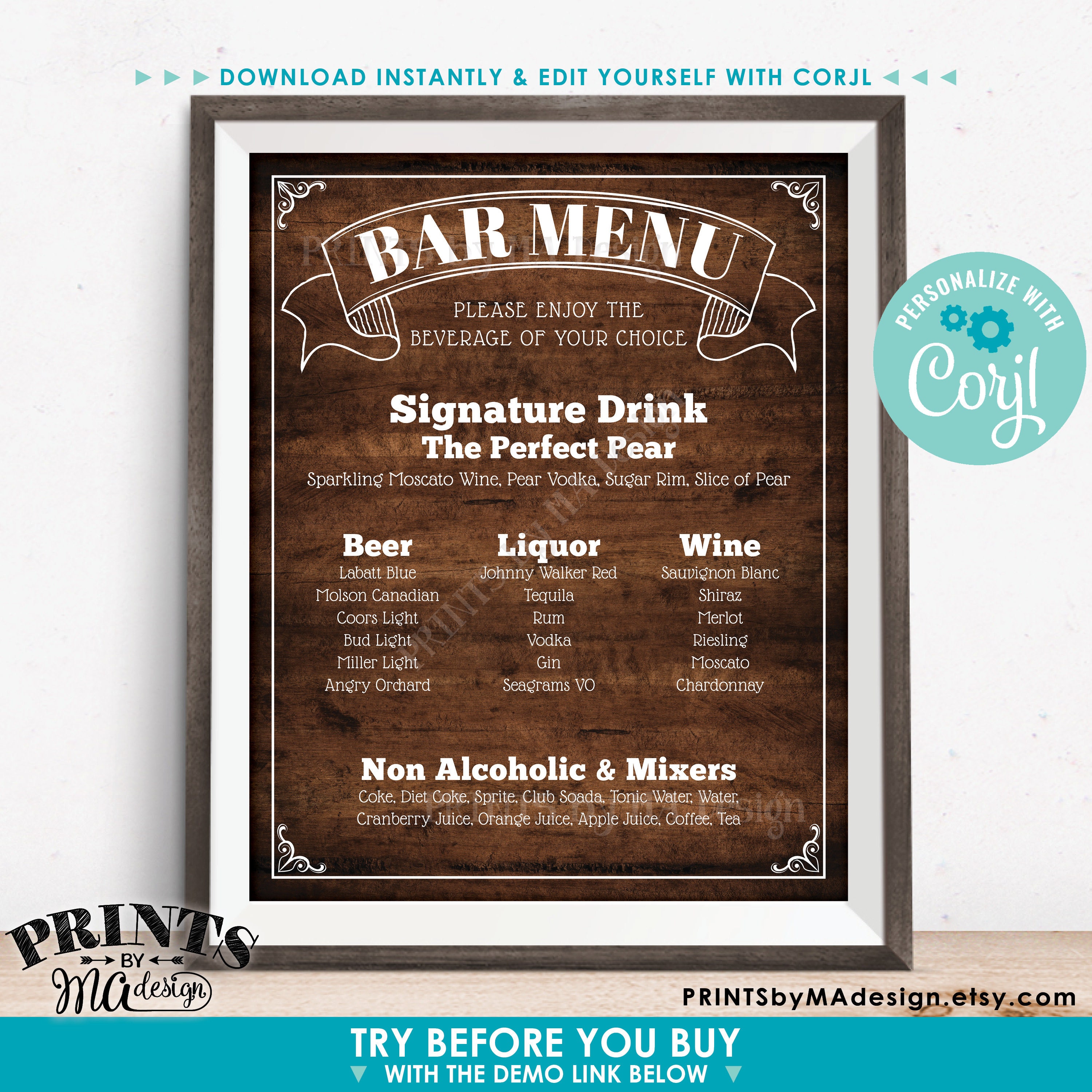 Bar Menu Sign, Custom PRINTABLE 8x10/16x20” Rustic Wood Style Drinks ...