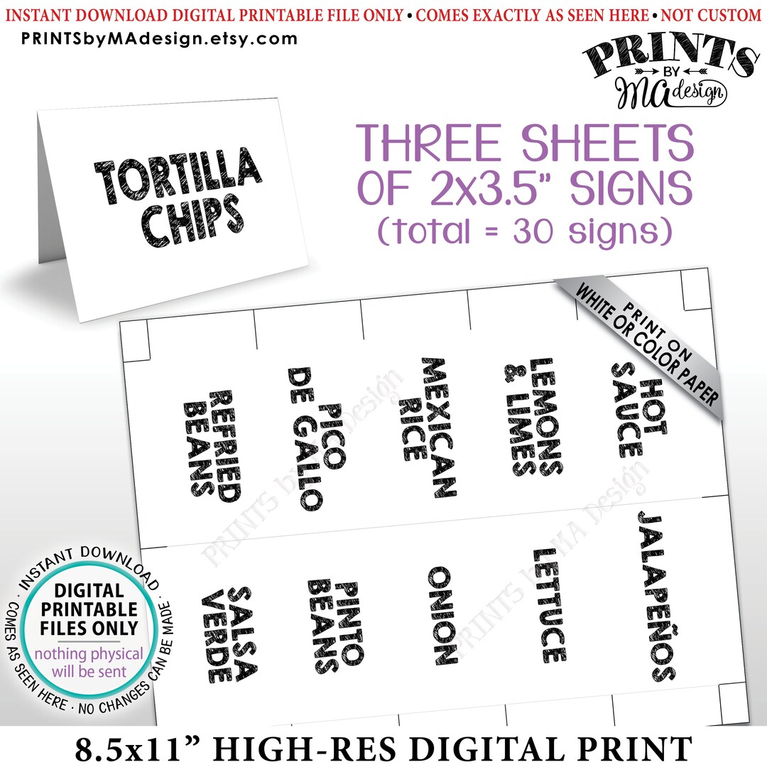 Taco Bar Labels, Taco Bar Menu Fiesta Mini Menu Taco Labels, Food ...