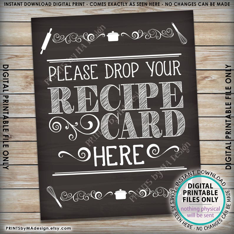 Drop Your Recipe Card Here Sign, Bridal Shower Recipe Card Drop-off ...