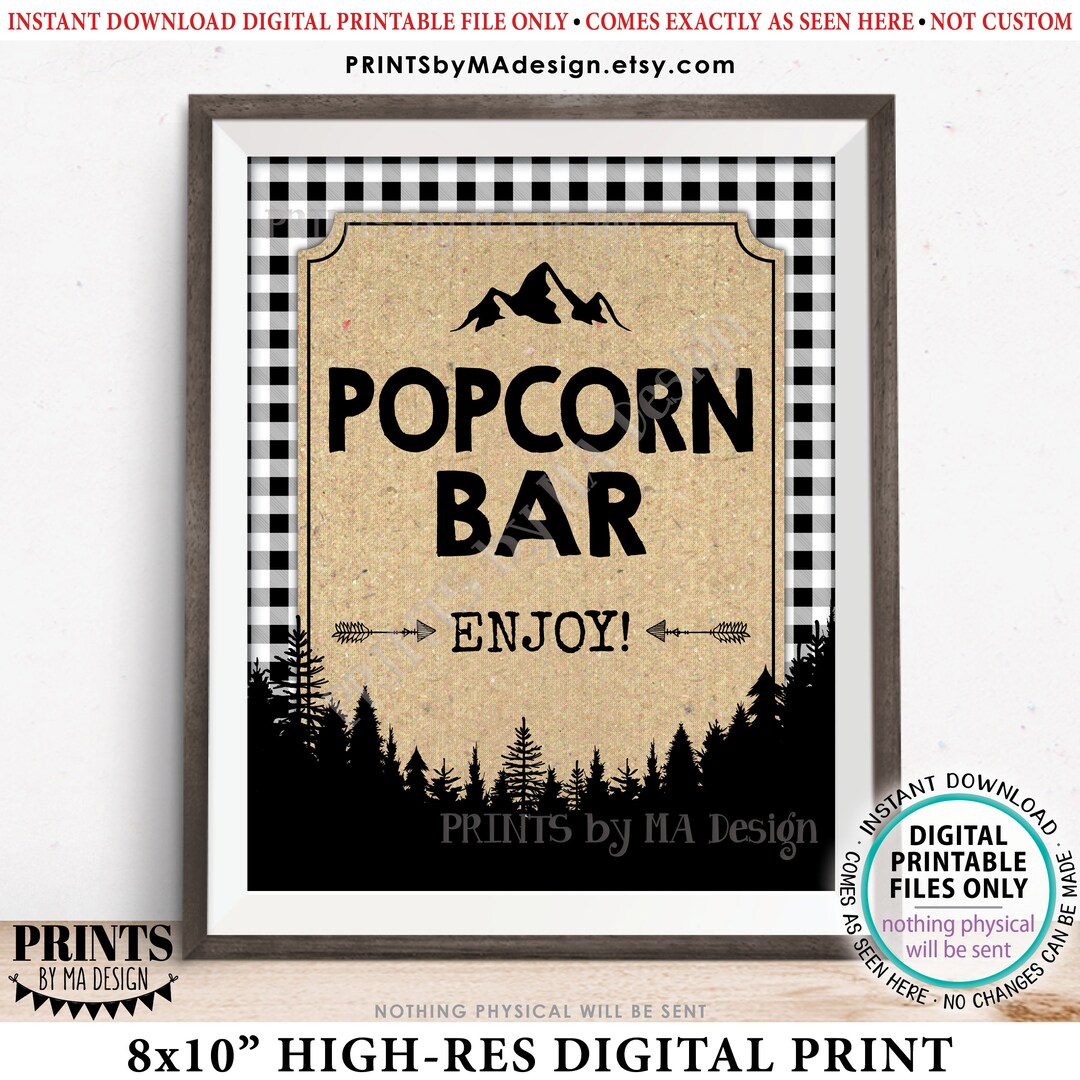 Popcorn Bar Sign, Lumberjack Popcorn, White Checker Buffalo Plaid Decor ...