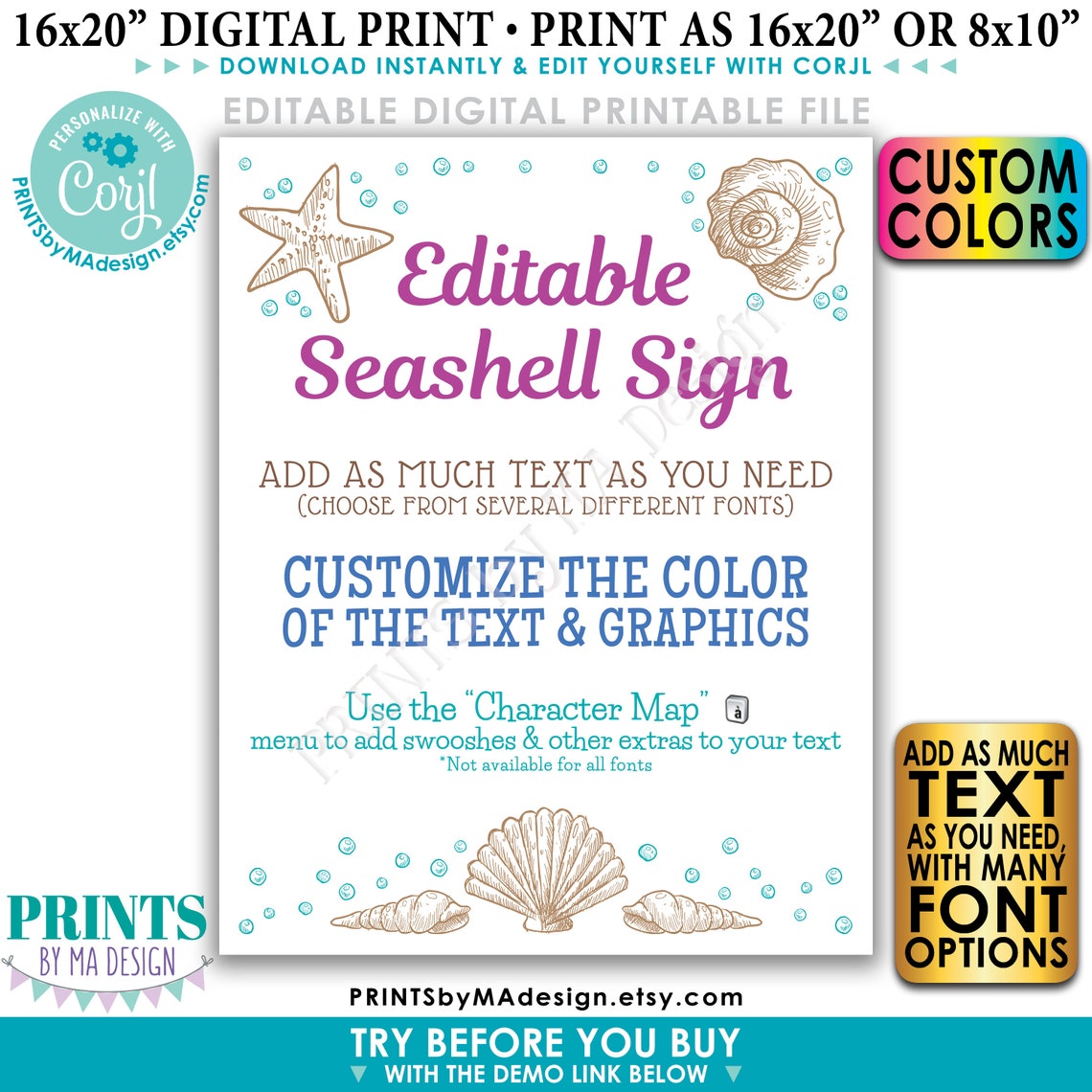 Editable Seashell Sign, Choose Your Text & Colors, Beach Theme, One ...
