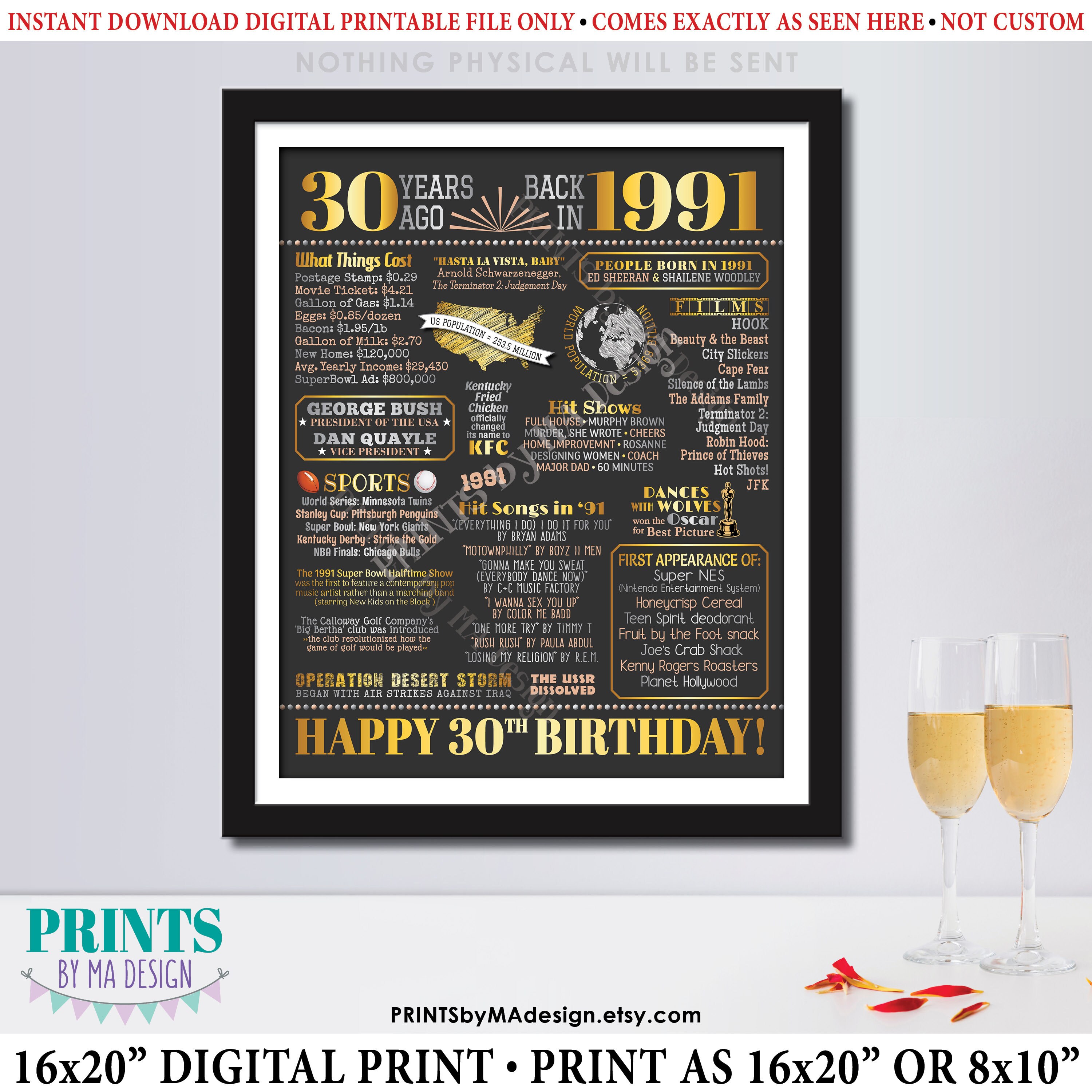 30th Birthday Poster Board, Born in the Year 1991 Flashback 30 Years ...