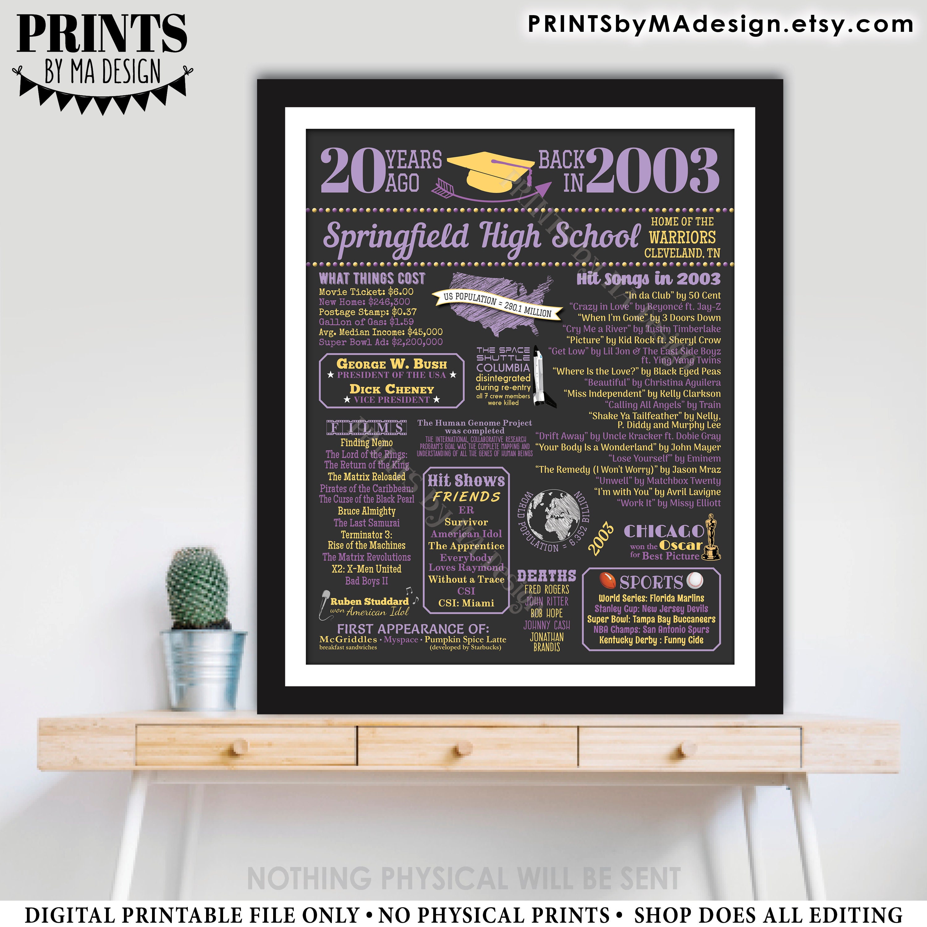 20th High School Reunion Decoration, Back in the Year 2003 Poster Board ...