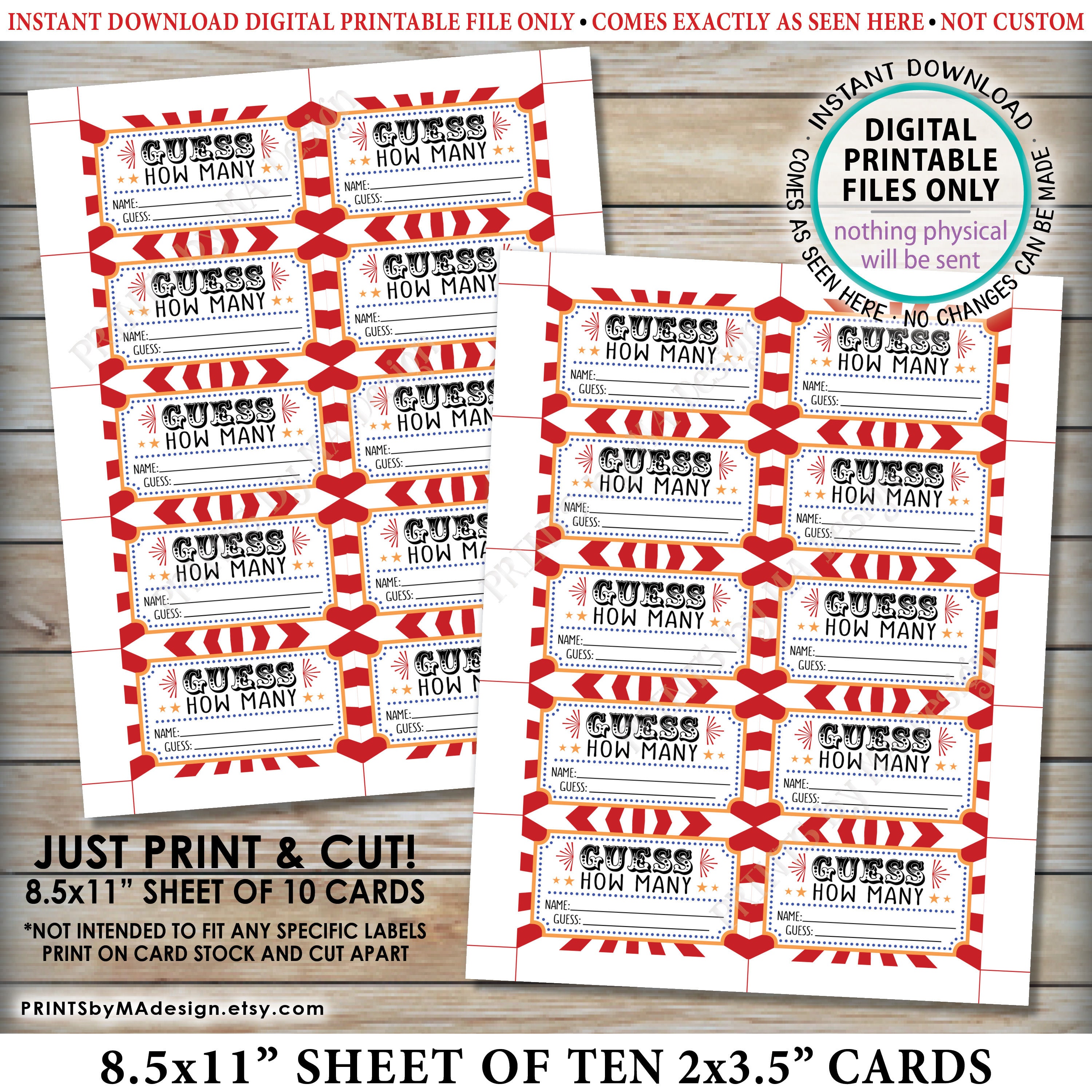 Guess How Many Carnival Theme Cards Circus Guessing Game Birthday 